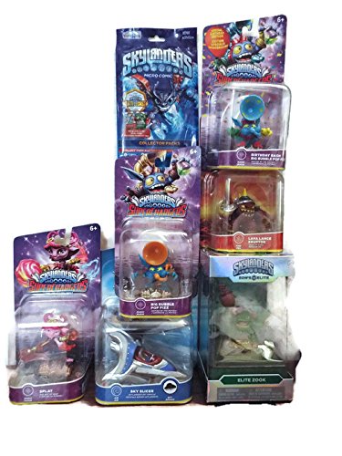 Skylanders Superchargers characters figures with bonus micro comic bundle. Birthday Bash Big Bubble Pop Fizz, Lava Lance Eruptor, Sky Slicer, Splat, Big Bubble Pop Fizz and Elite Zook.