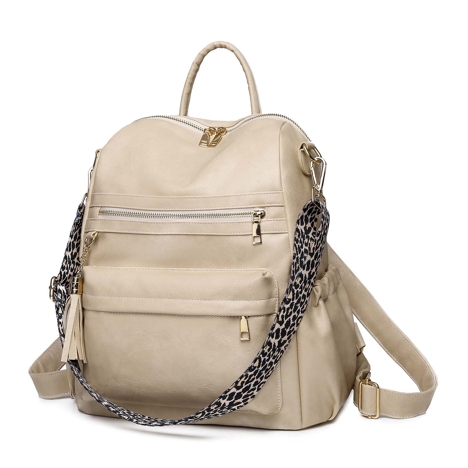 DIVCIDLC Backpack Purse for Women with Wide Leopard Shoulder Strap Convertible Women Fashion Daypack, Off White