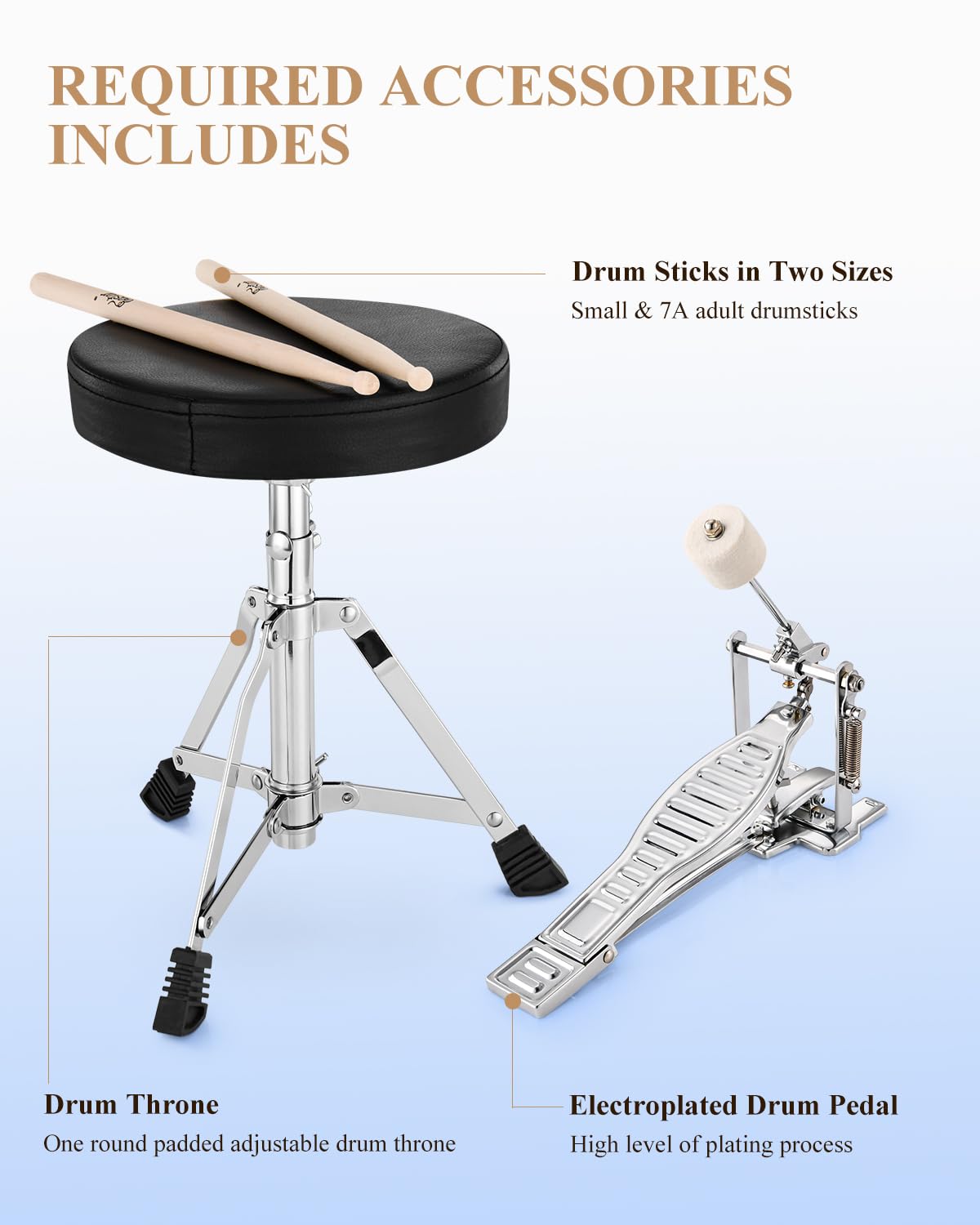 Eastar Kids Drum Set 16 inch 3-Piece, Junior Drum Set Kit with Throne, Cymbal, Pedal & Drumsticks,Metallic Blue (EDS-280Bu)