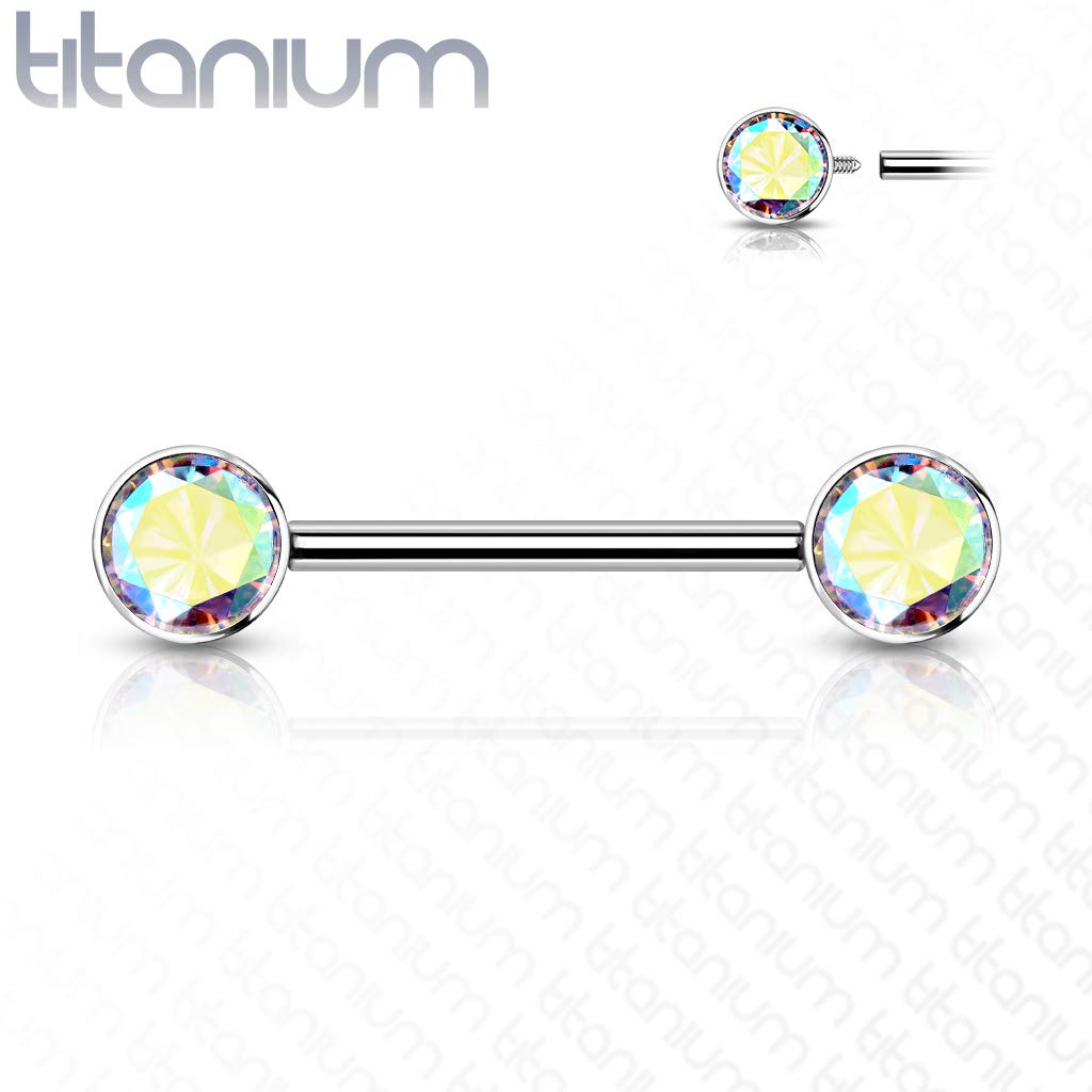 Dynamique Implant Grade Titanium Nipple Barbells With CZ Bezel Set Internally Threaded Ends (Sold Per Pair Or Per Piece)