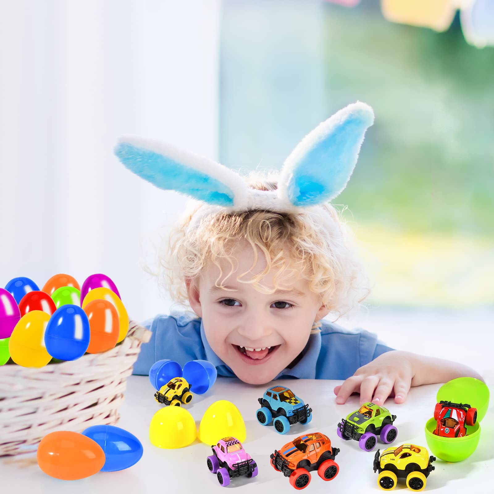 Easter Eggs with Die-cast Cars for Easter Egg Hunt, Easter Egg Filled with Pull Back Monster Car Trucks for Kids Easter Party Favor, Easter Basket Stuffer, Easter Prizes Rewards for Boys Kids,12 Pack