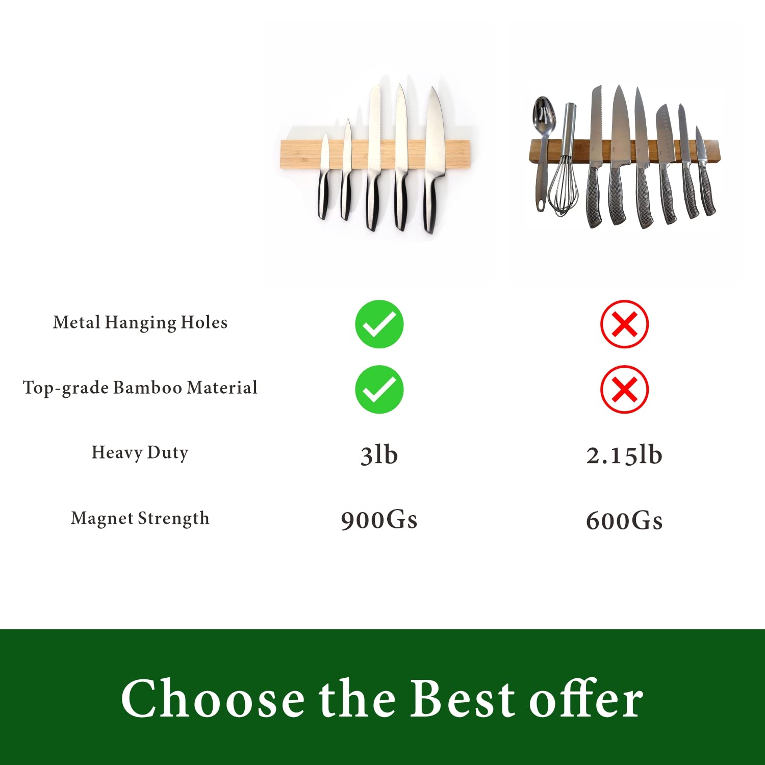KITCHENDAO Bamboo Magnetic Knife Holder for Wall 17 inch Knife Magnetic Strip Bar Rack- 50% Stronger Magnet - Safe, Secure & Easy Storage Solution for Kitchen Knives, Metal Utensils & More