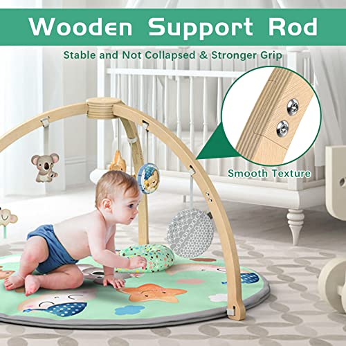 FEISIKE Wooden Baby Activity Gym & Play Mat, Stage-Based Sensory and Motor Skill Development, Thick Non-Slip Design Tummy Time Mat Washable