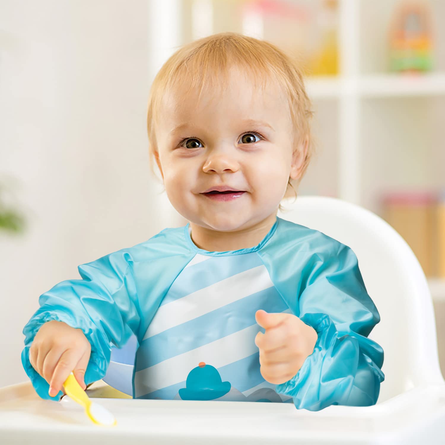 R HORSE 5Pcs Long Sleeved Bib for Babies Toddlers Waterproof Sleeved Bib with Great Capacity Pocket Cartoon Baby Bib Infants Feeding Bibs with Elephant Bear Fox Pattern for Baby Shower Age 6-36 months