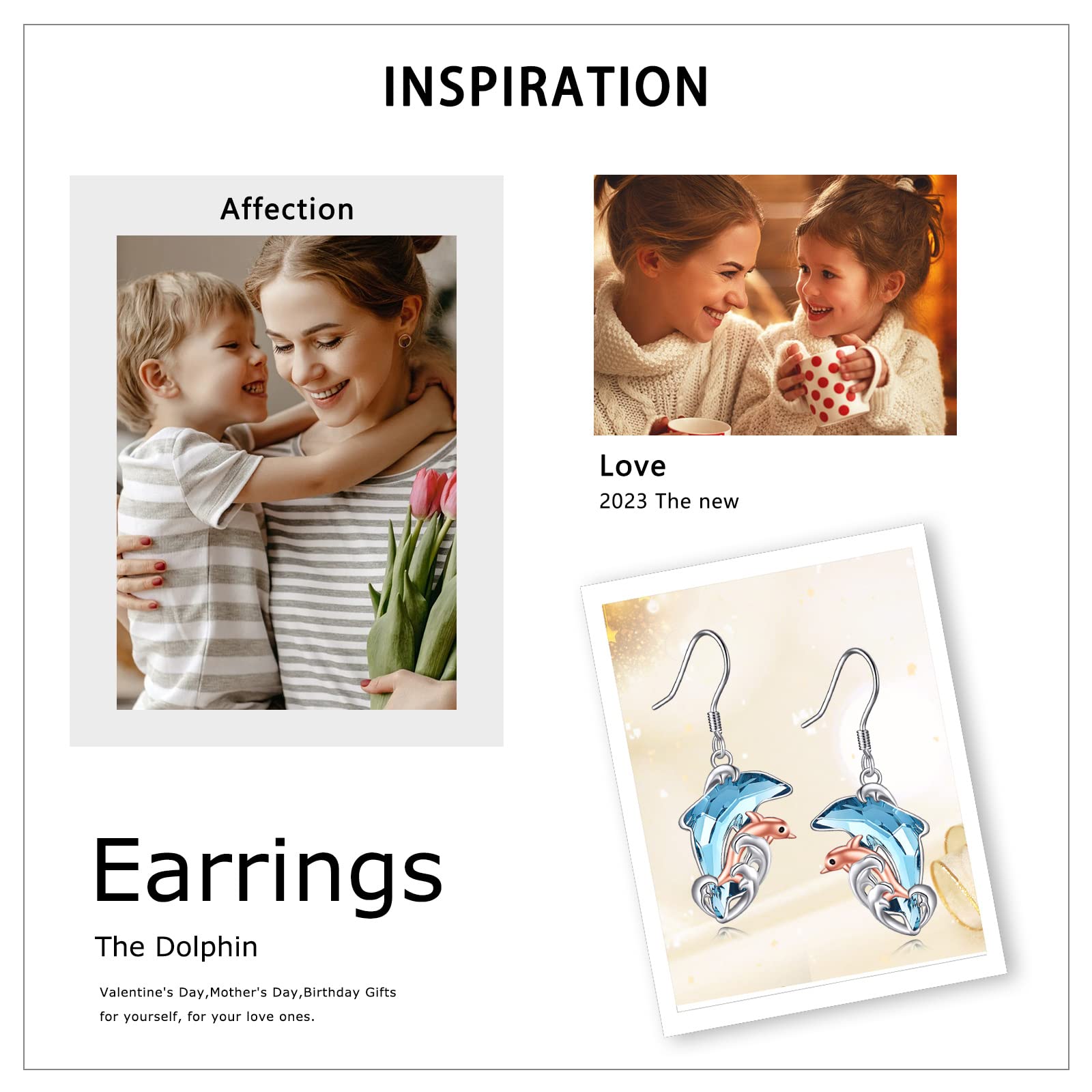 CRMAD Dolphin Earrings for Women Sterling Silver Crystal Dangle Drop Earrings (rose gold)