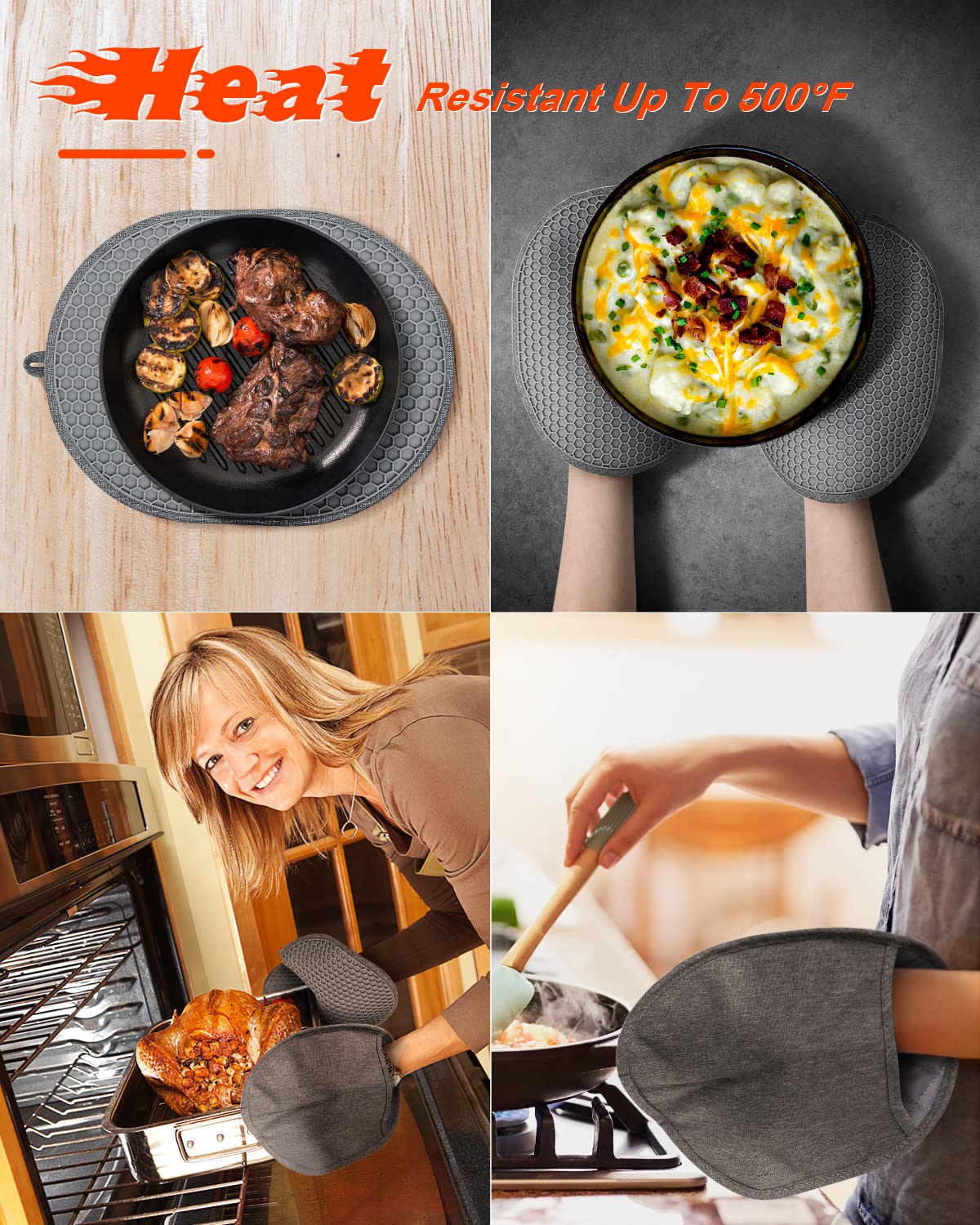 Pot Holders for Kitchen Heat Resistant, Silicone Pot Holders Set of 2 Hot Pads Pot Holders with Pocket Machine Washable for Cooking Baking, 9.8"x7.6"