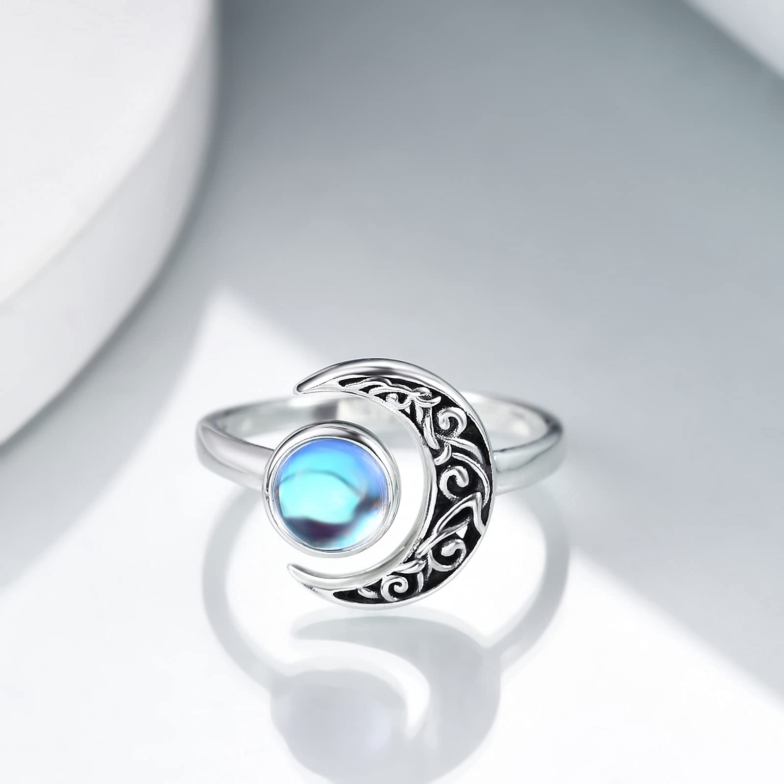 CRMAD Moonstone Ring for Women Sterling Silver Crescent Moon Adjustable Ring (7)
