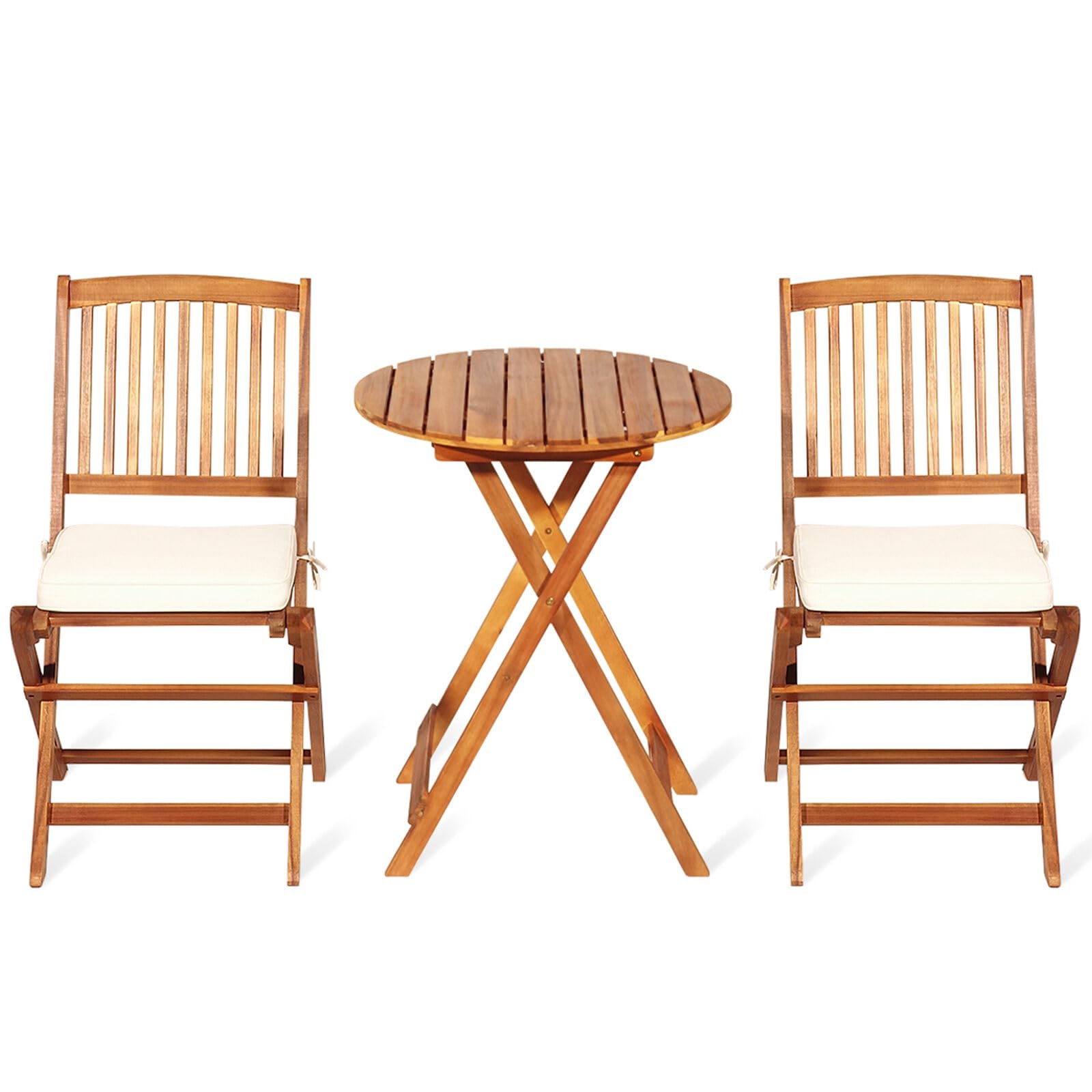 Generic VcJta 3 Piece Folding Acacia Wood Bistro Set with Cushions for Patio Conversations Outdoor Furniture, Wooden, E385022938355