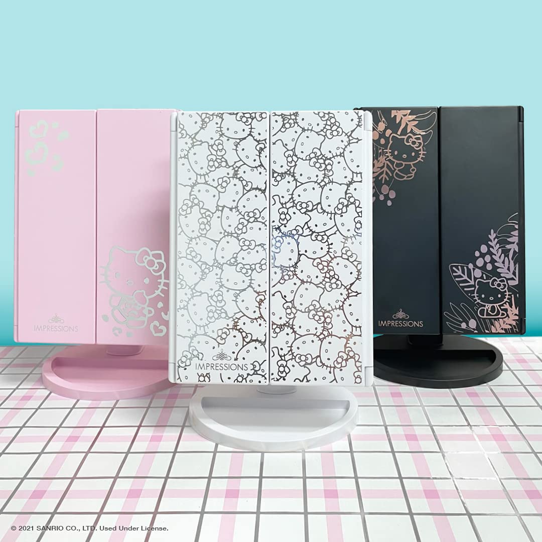 Impressions Makeup Vanity Hello Kitty, Trifold With LED Lights Tri-Tone Mirror with Touch Sensor and Three Adjustable Panels, Handheld Magnifying Mirror (Pink)