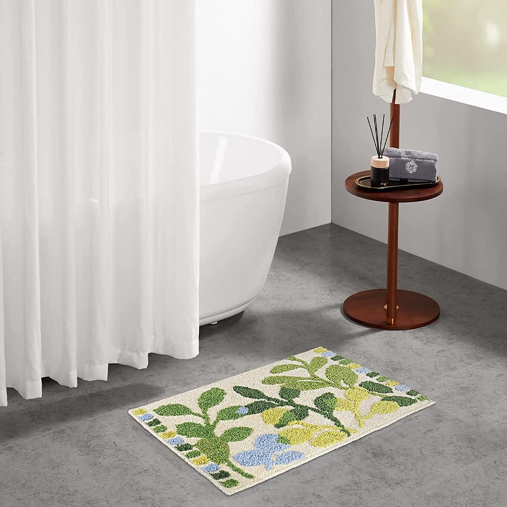 DZHOMFCOG Bathroom Rugs,Leaves Microfiber Strong Water Absorption Bath Mat Tower with Non Slip Back Inside Entryway Door Mat for Bathroom Floor Indoor Doormat Size 20 X 32 in Blue Leaves