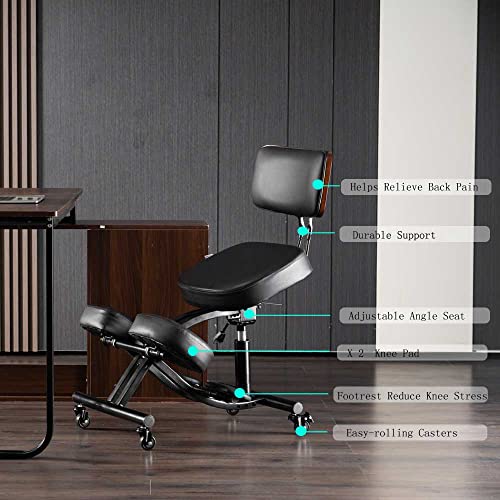 Kneeling Chair Ergonomic for Home and Office,Adjustable Saddle Chair to Improve Your Posture,Comfortable Knees and Footrest,Black,SSS-1458-2D-F