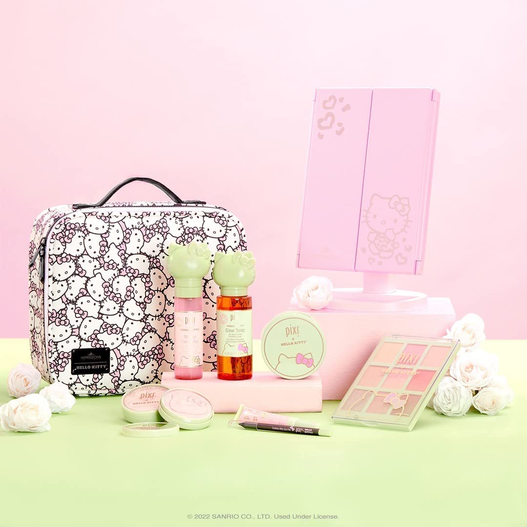 Impressions Vanity Hello Kitty Cosmetic Bag with Faux Leather,Travel Toiletry Bag with Inside Zipper Pockets, Waterproof Reusable Large Cosmetic Makeup Vanity Organizer (White/Pink)
