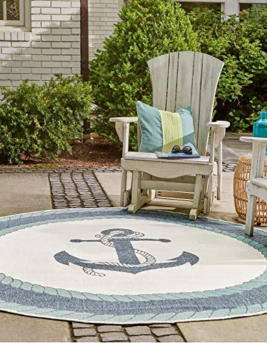 Unique Loom Outdoor Coastal Collection Area Rug - Anchor (7' Round Navy Blue/Light Blue)