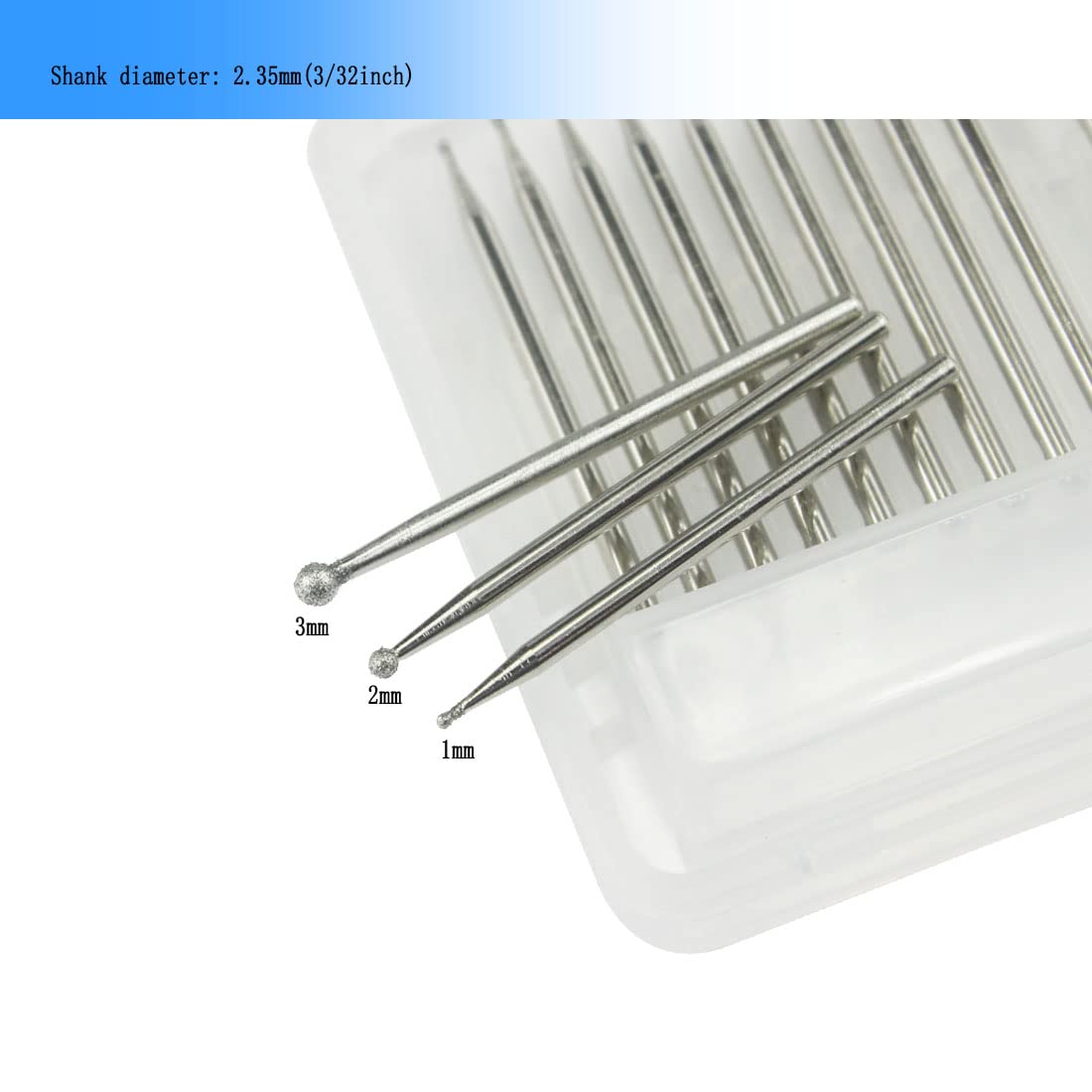 𝐋𝐮𝐨 𝐤𝐞 30 Pcs Ball Shape Diamond Burr Set, 3/32 Inch Shank Diamond Mounted Grinding Bits for Rotary Tools(Size:1mm,2mm,3mm)