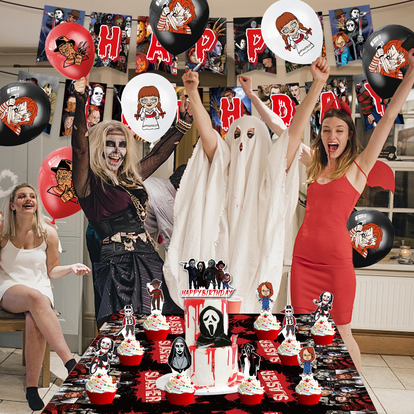 Horror Classic Movie Birthday Supplies, Horror Themed Character Party Decorations Includes Banners, Cake Toppers, Balloons, Cupcake Toppers, Backdrop, Tablecloths, Scream Party Gift for Fans Kids