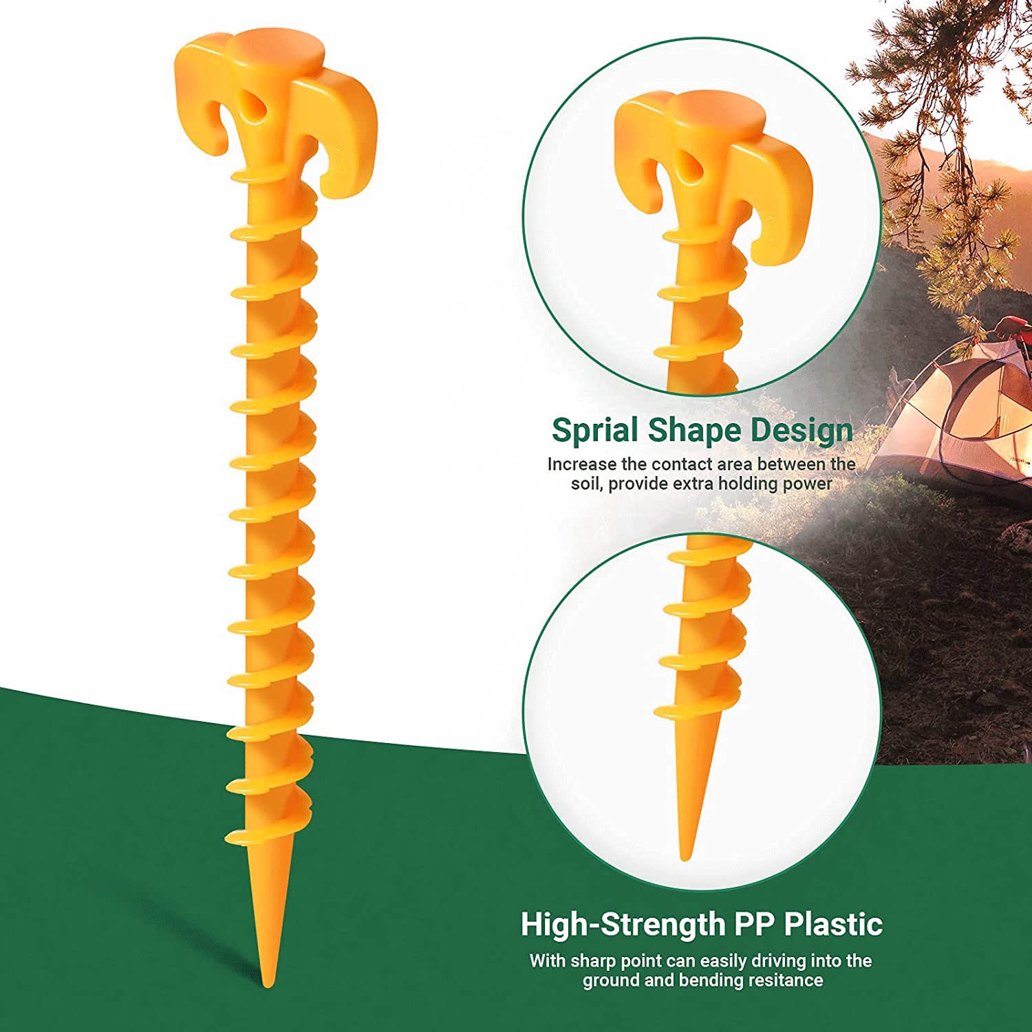 Dzsxlecc 16 Pack Plastic Tent Pegs,Heavy Duty Screw Shape Beach Tent Stakes,Outdoor Tent Pegs,7.9 inch Beach Stakes,The Ground Anchor is Suitable for Beach, Lawn,Camping (Yellow)