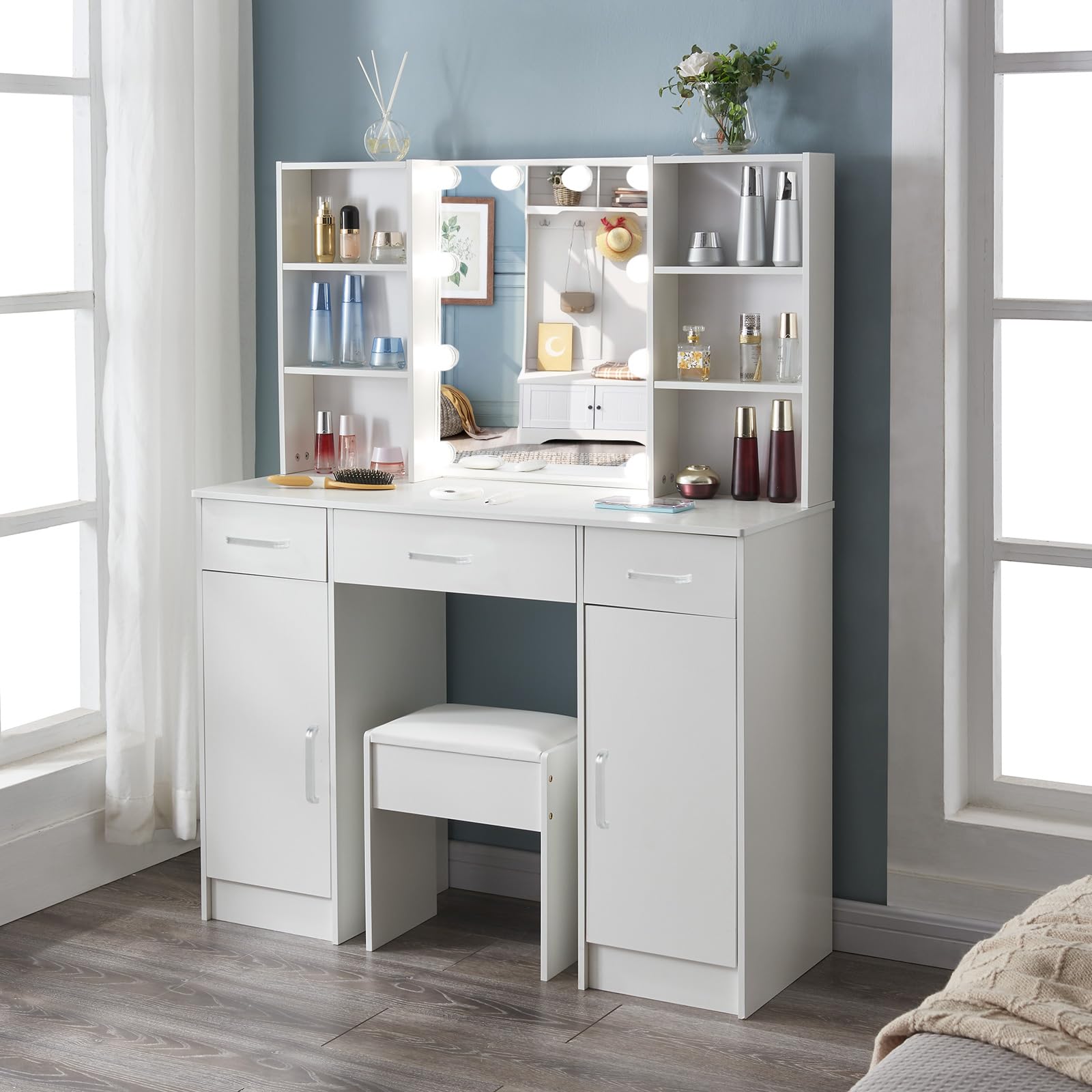 Caulitar Vanity Desk with Mirror and Lights-3 Color and Brightness Adjustable, Vanity Set with Drawers and Chair, White Makeup Vanity Table for Girls