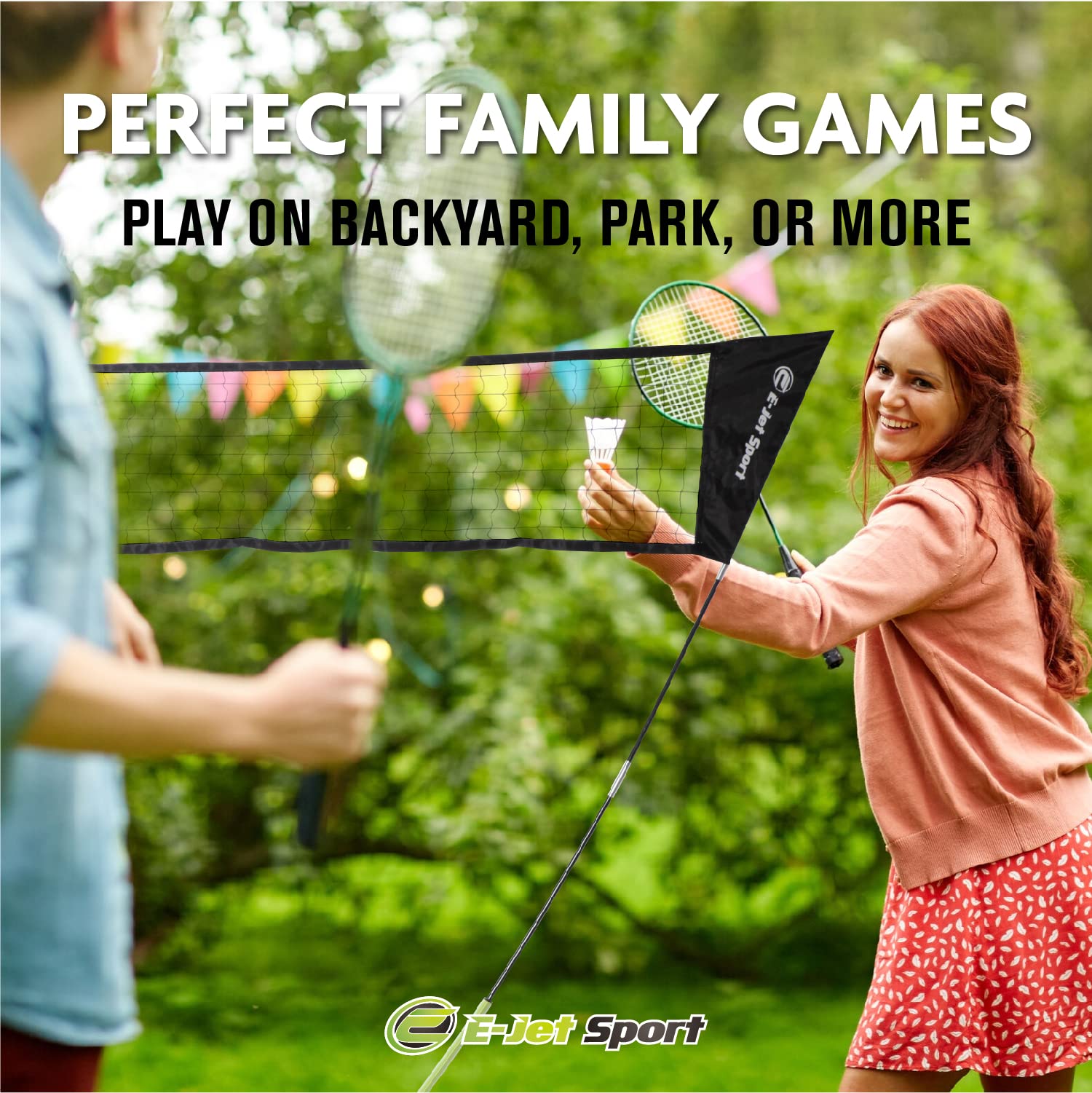 E-Jet Badminton Net Rackets Shuttlecocks Combo Set - Portable & Instant Setup (Backyard Fun, Beach Park Picnic Outdoor Games), Green, 5.1 x 7.8Ft, (EOB72740)