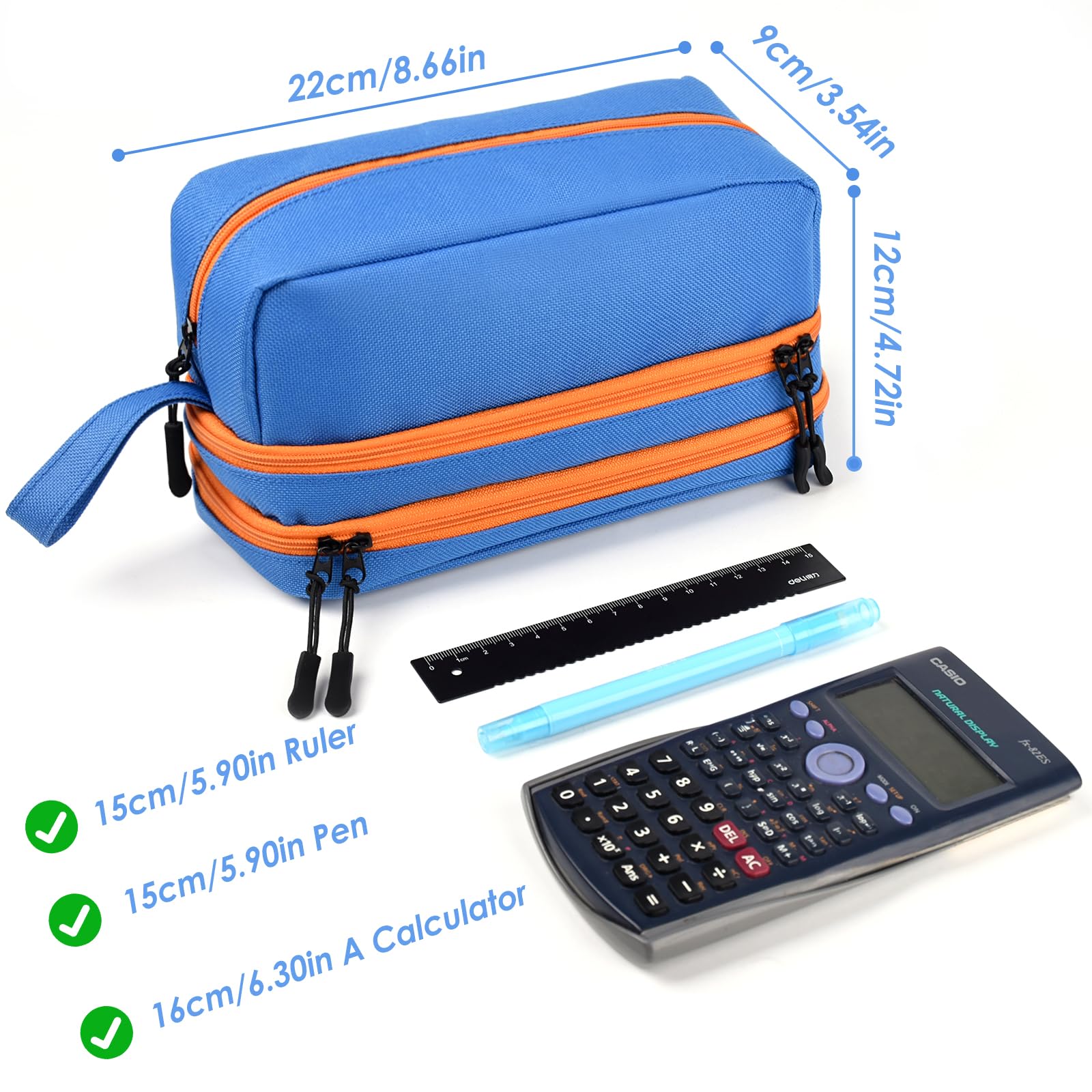 Genteen Large Capacity Pencil Case,Multifunction Pencil Pouch,Pencil Bags with Zipper 3 Compartments Pencil case organizer for Office Adult(Blue)