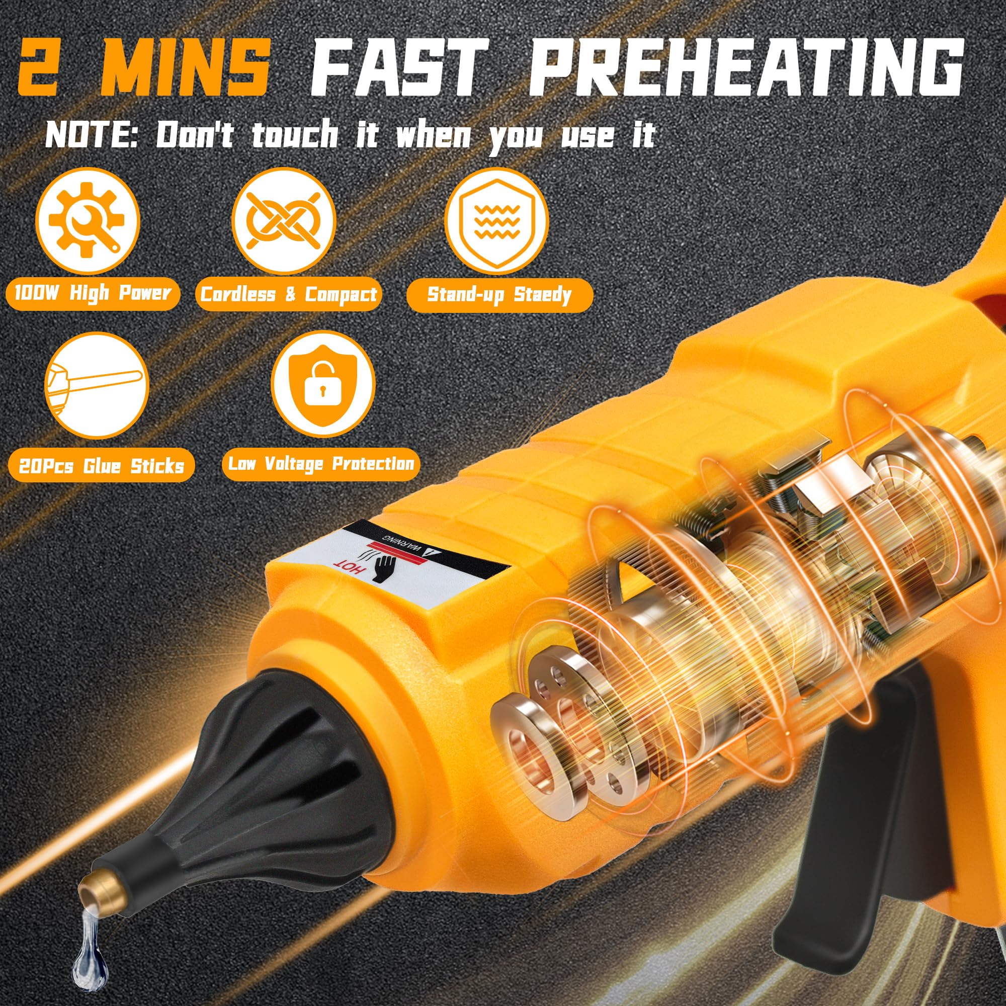 Hot Glue Gun for Dewalt 20V Battery, 100W Cordless Glue Gun Set with 20pcs Glue Sticks, Fast Heating Mini Glue Guns for Crafting DIY Craft Projects, Home Quick Repairs (Without Battery)