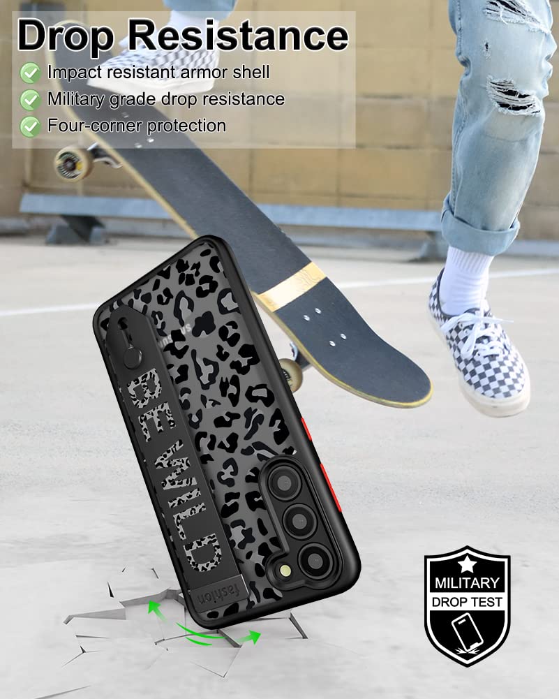 Cisland Leopard Cheetah A54 Case with Strap Stand Kickstand, Cute Case for Women Girly Designer for Girls Silicone Compatible with Samsung Galaxy A54 5G Leopard Cheetah Print Black