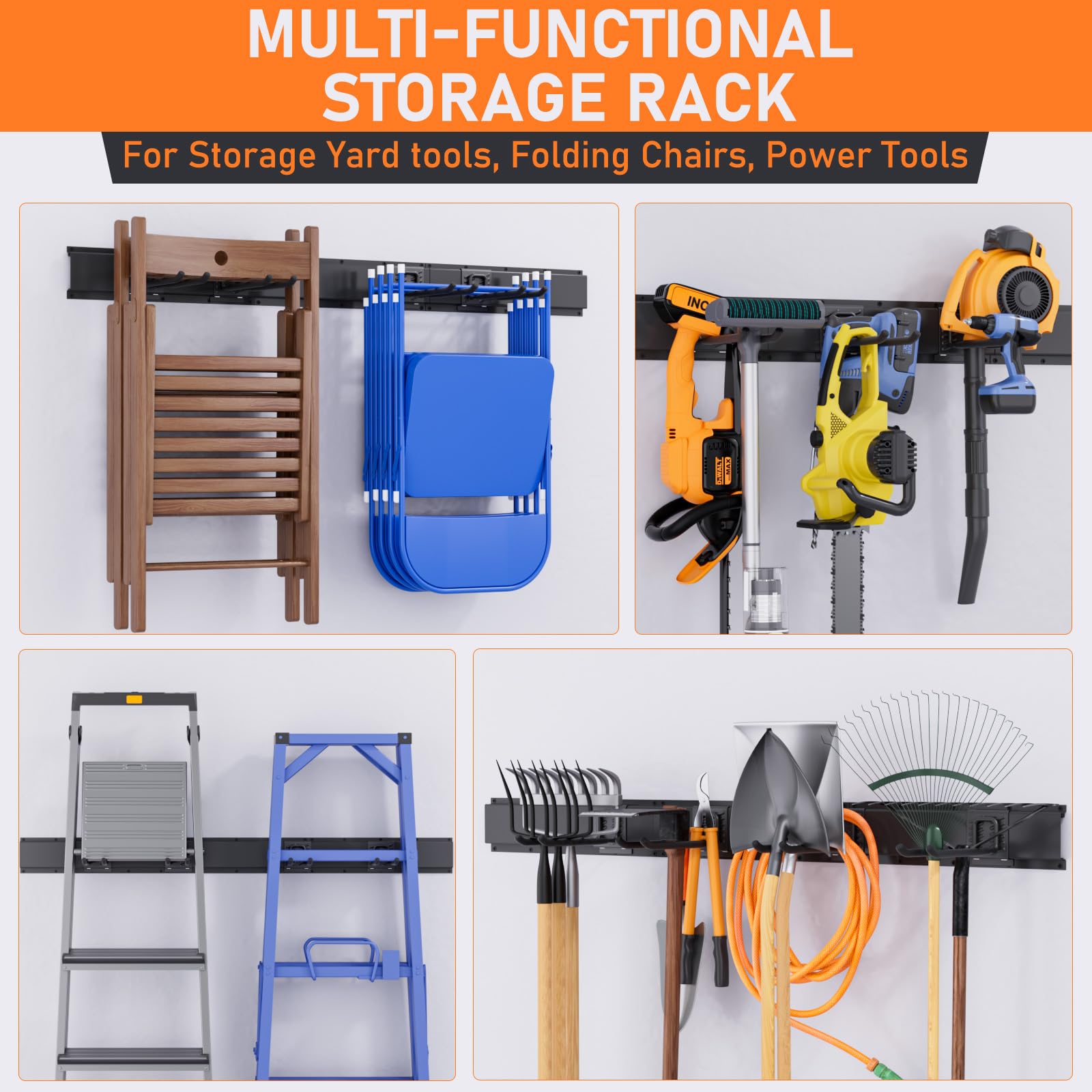 INCLY Garage Organization, 48 Inch Garden Tool Organizer Wall Mount Load 360lbs, Heavy Duty Garage Storage Rack with 3 Rails and 6 Adjustable Hooks for Hanging Yard Tool, Shovels, Rakes, Chairs