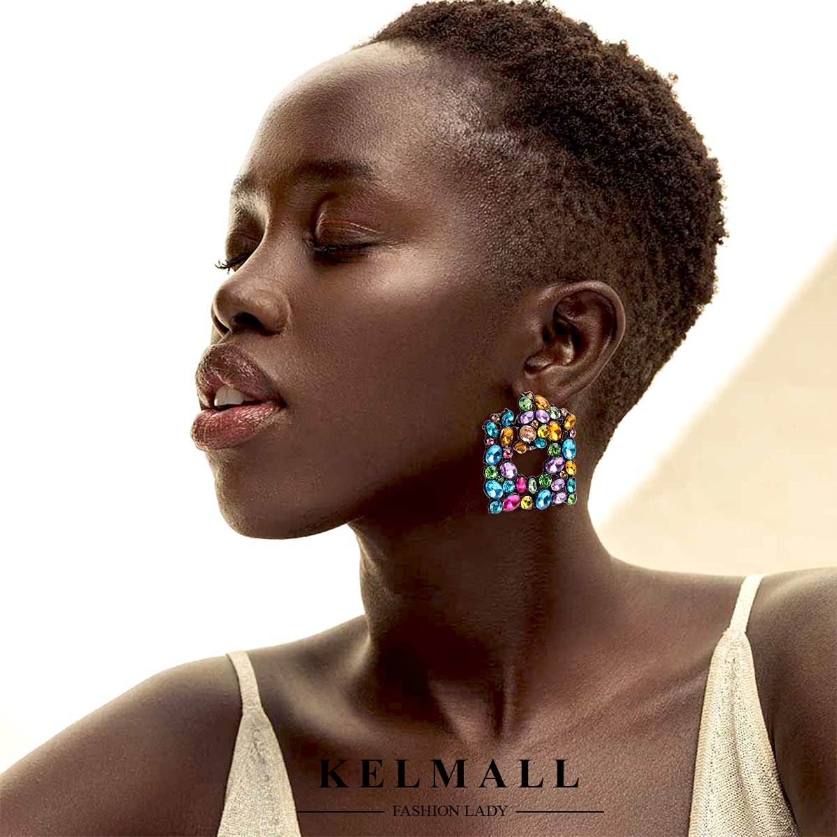 Crystal Square Dangle Statement Earrings Geometric Shaped with Colorful Rhinstone Drop Earrings for Women KELMALL COLLECTION