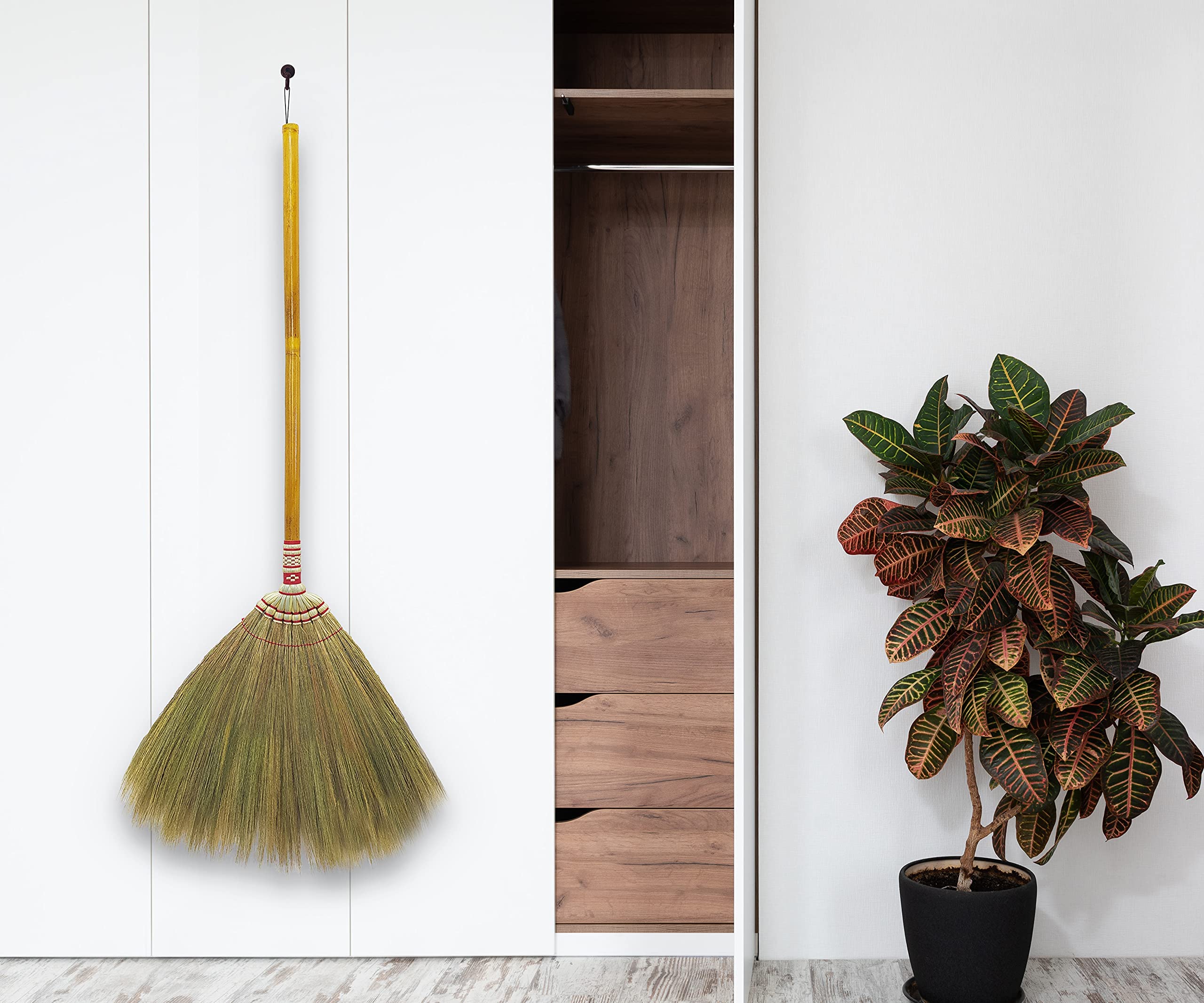 Indoor Grass Broom 40 Inch with Bamboo Handled Brooms for Floor Cleaning, Smooth & Hard Floor - Sweeping Tool Unique Handmade Craft Broom Design for Home, Kitchen, Office, Courtyard, Tiled Floor