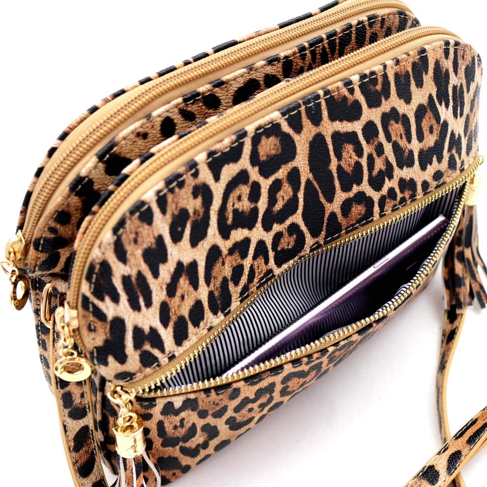 Trendeology Leopard Print Front Pocket Compartment Vegan Leather Dome Crossbody Purse Bag (Leopard3 - Tan) Medium