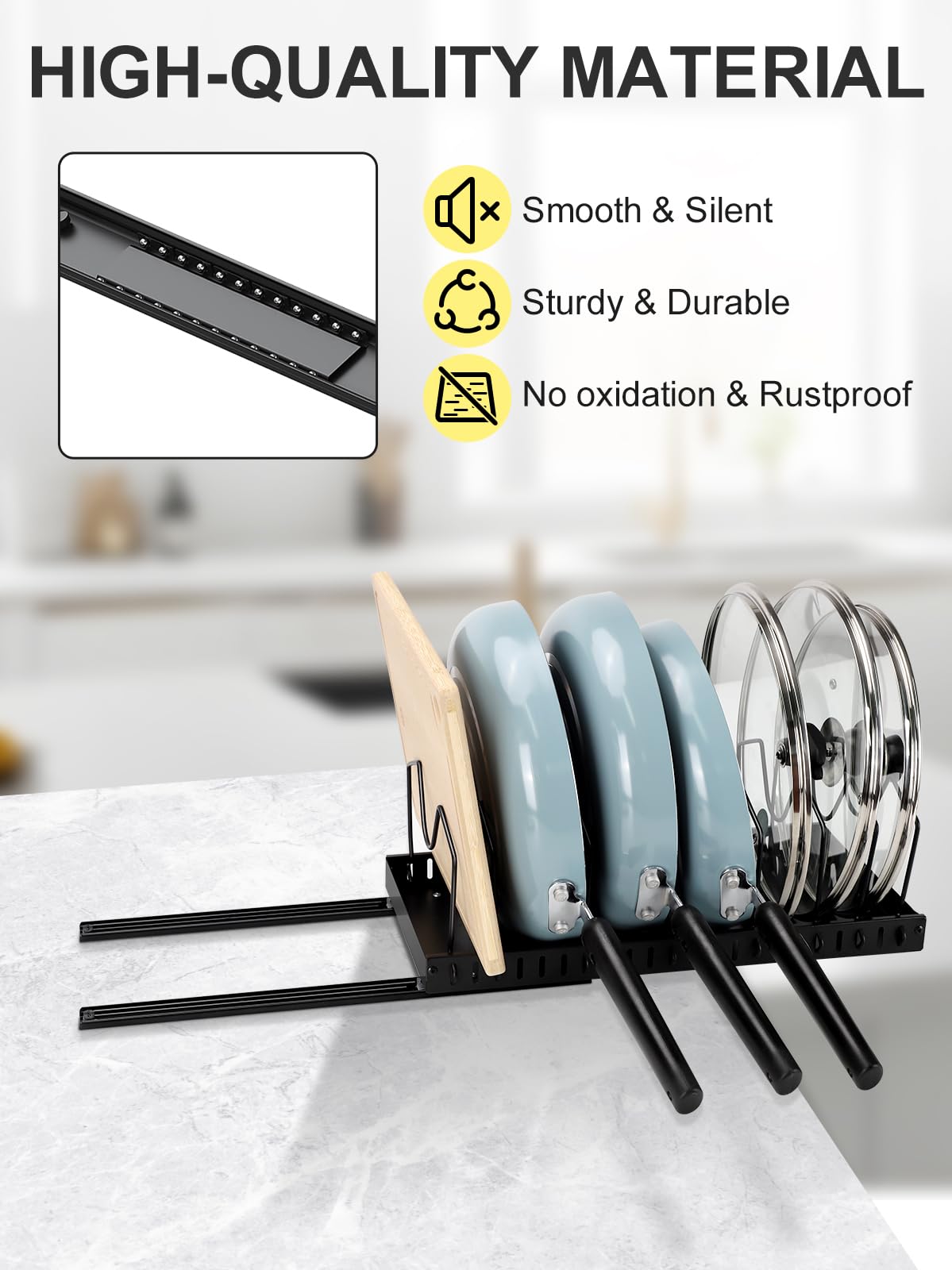 HOTEC Pull Out Pots and Pans Organizer for Kitchen Cabinets β Versatile Under-Cabinet or In-Cabinet Pot Lid and Pan Rack with 8 Adjustable Dividers, Adhesive Nano Strip/Screw Installation