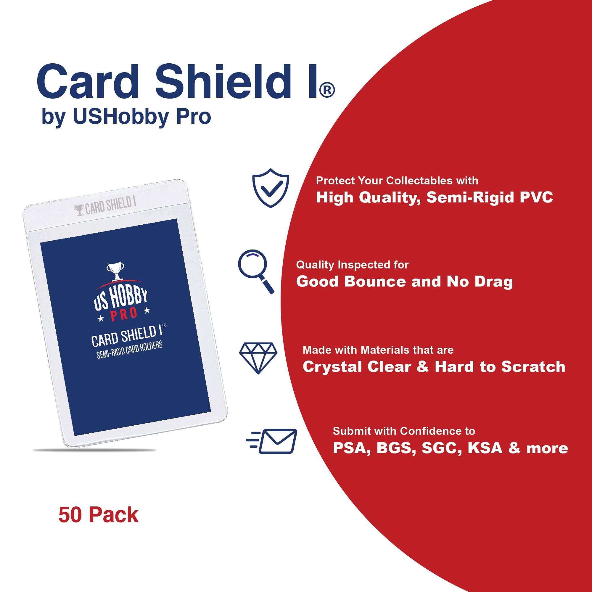 USHobby Pro Card Shield 1 - Semi Rigid Card Holders, Ideal for Grading Submissions. 50 Pack.
