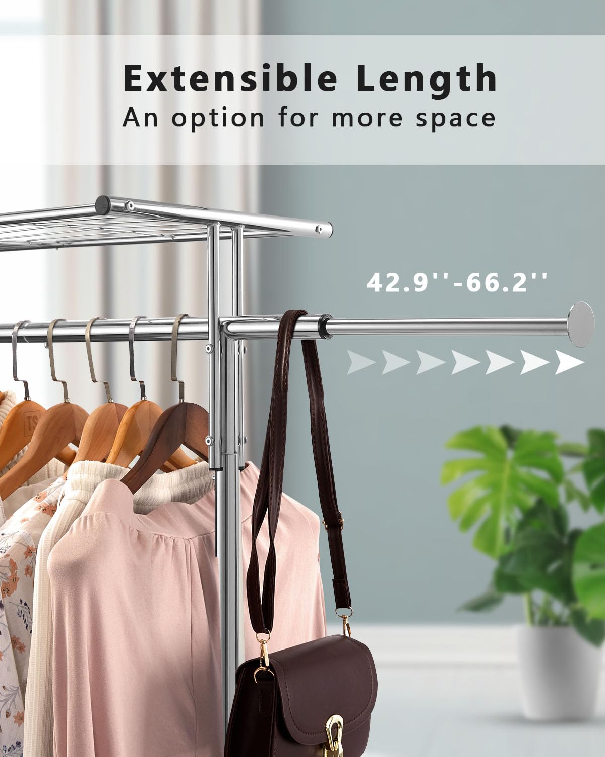 HOUSE AGAIN Clothes Rack on Wheels with Extra Top Storage Shelf, LARGE Rolling Garment Rack for Hanging Clothes, Heavy-duty Metal Clothing Rack Organizer for Bedroom, Living Room -Silver