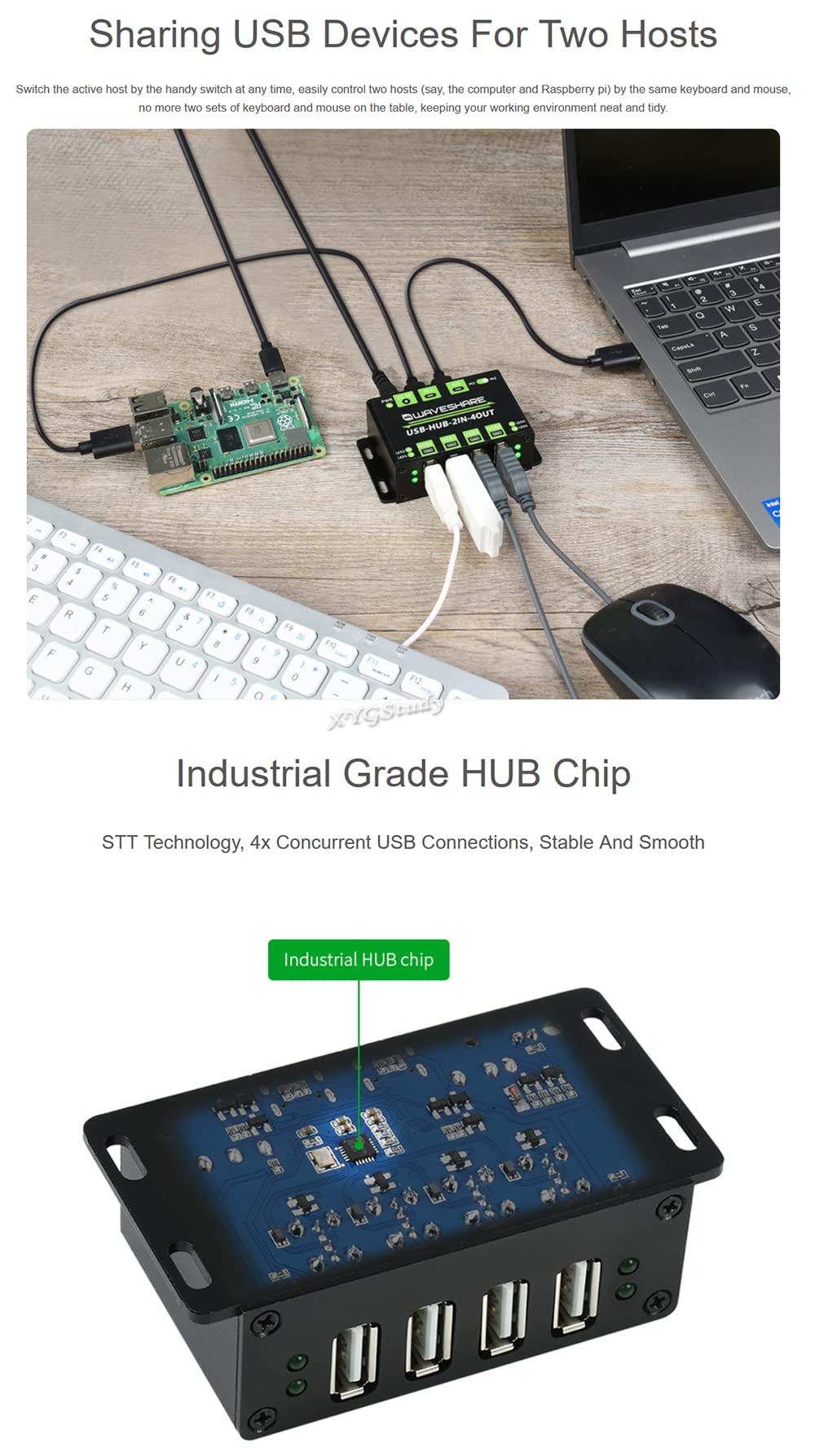 Industrial Grade USB HUB, Extending 4X USB 2.0 Ports, Switchable Dual Hosts @XYGStudy (USB-HUB-2IN-4OUT)