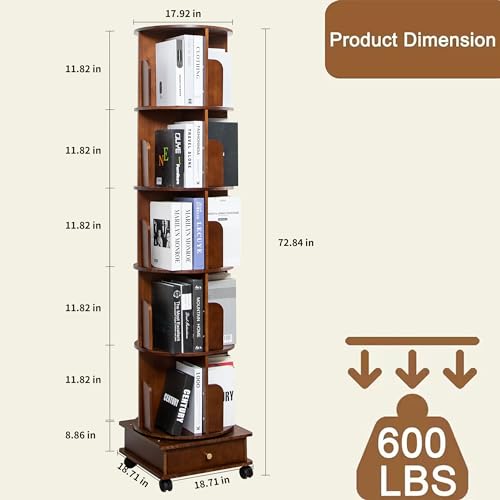 GHBRHBJ Solid Wood Rotating Bookshelf Tower,360 Bookshelf Rotating,Round Bookcase,Narrow Bookshelf with Drawers,Spinning Bookshelf for Home Office, Study Room