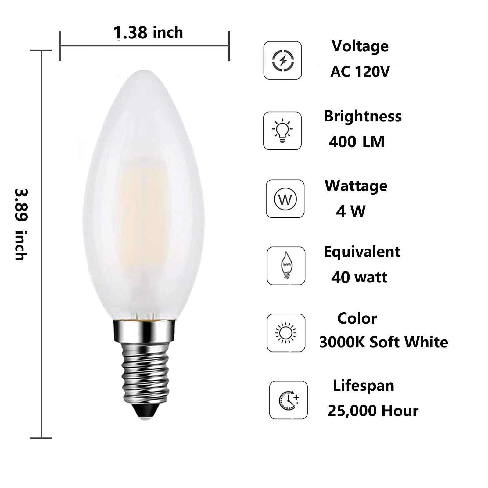 E14 LED Candelabra Bulb 40W Equivalent 4W Dimmable LED Candle Light Bulbs, 3000K Soft White 400 Lumen E14 Frosted Glass Decorative Bulb, 4 Pack