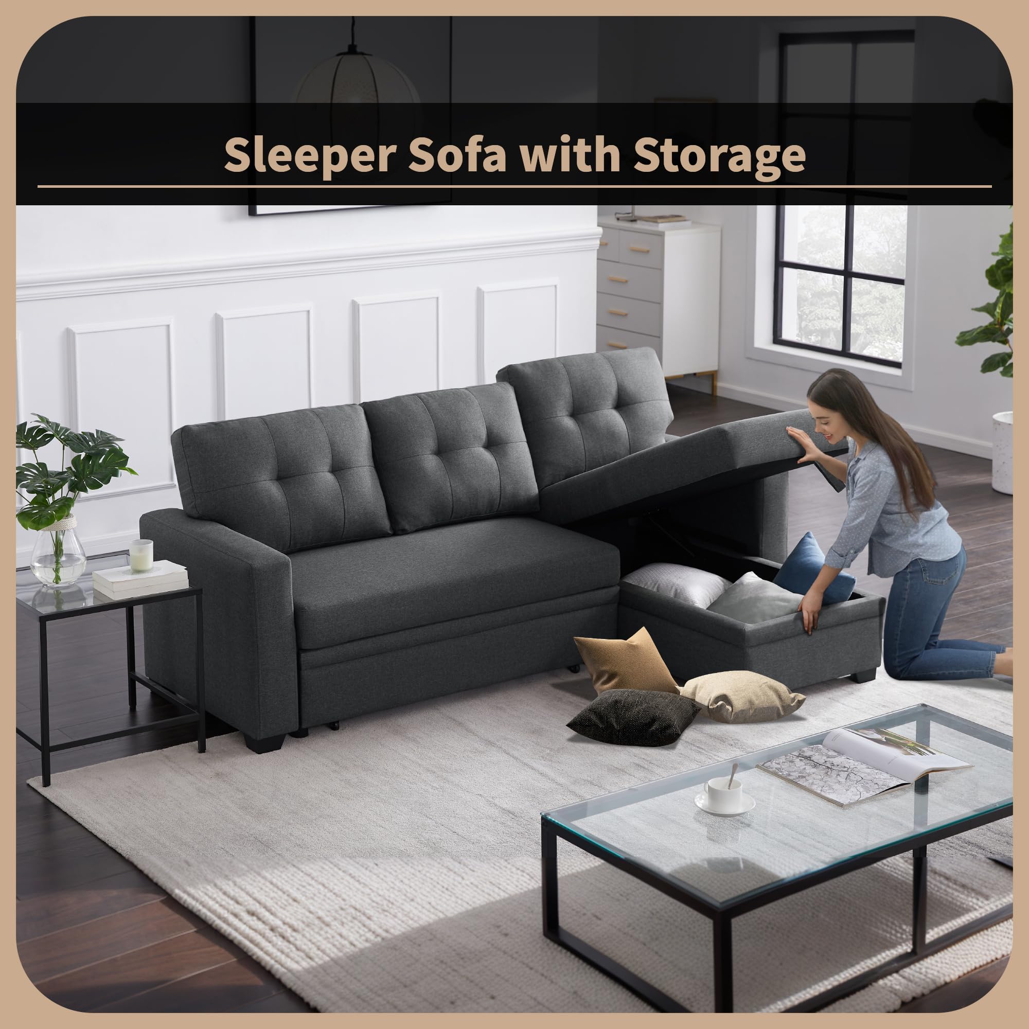 HHOK 4-in-1 Convertible Pull Out Modular Sectional Sofa Bed for Living Room Furniture Sets, L Shaped Comfy Couch with Reversible Storage Chaise Upholstered for Apartment, Studio, Office - Beige