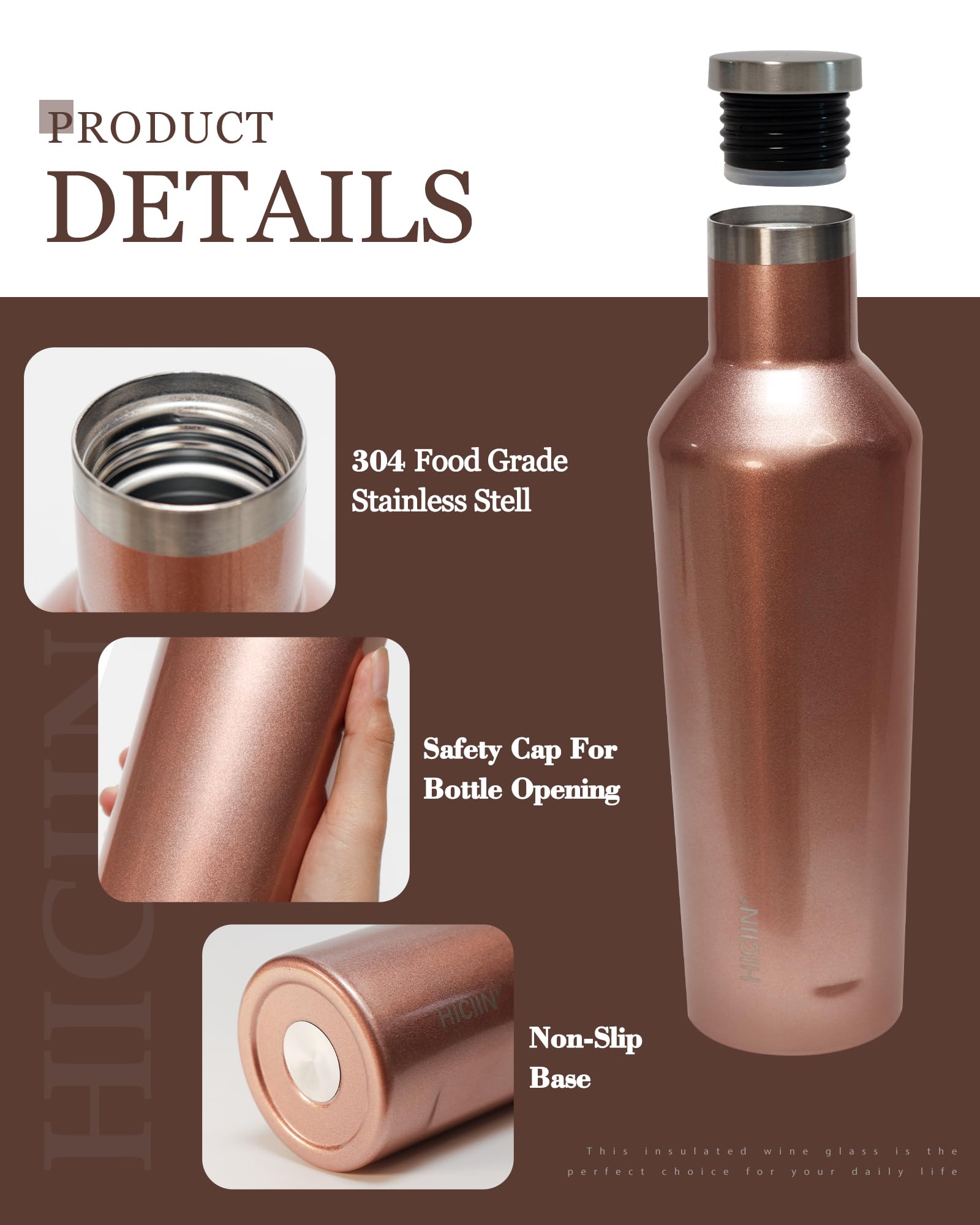 Hiciin Stainless Steel Wine Tumblers with Lid TWO 12oz & Insulated Wine bottle ONE 25oz&Gift Set with well packaged box.Keep water,wine,drinks with warm or cold (Champagne Gold)