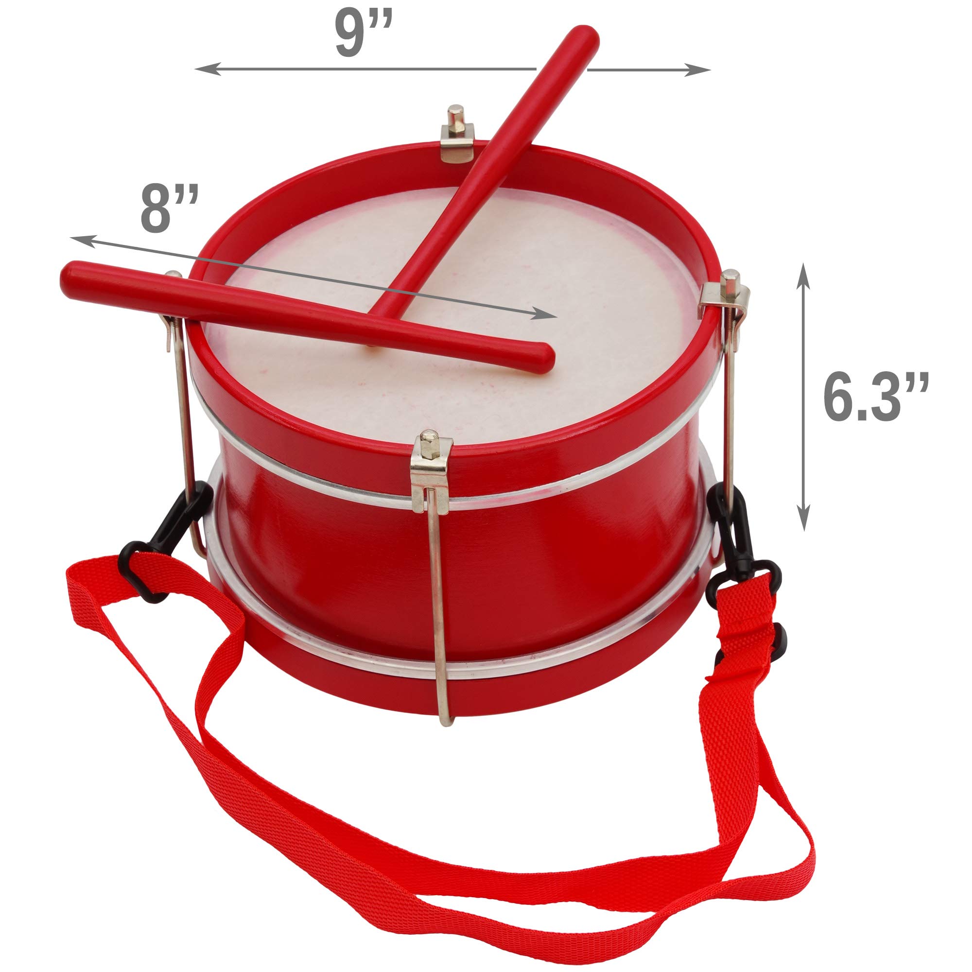 Tunable Marching Drum for Kids - Wooden Frame - Plastic Head, Wood Sticks - Adjustable Strap - 9-inch Snare Drum for Children