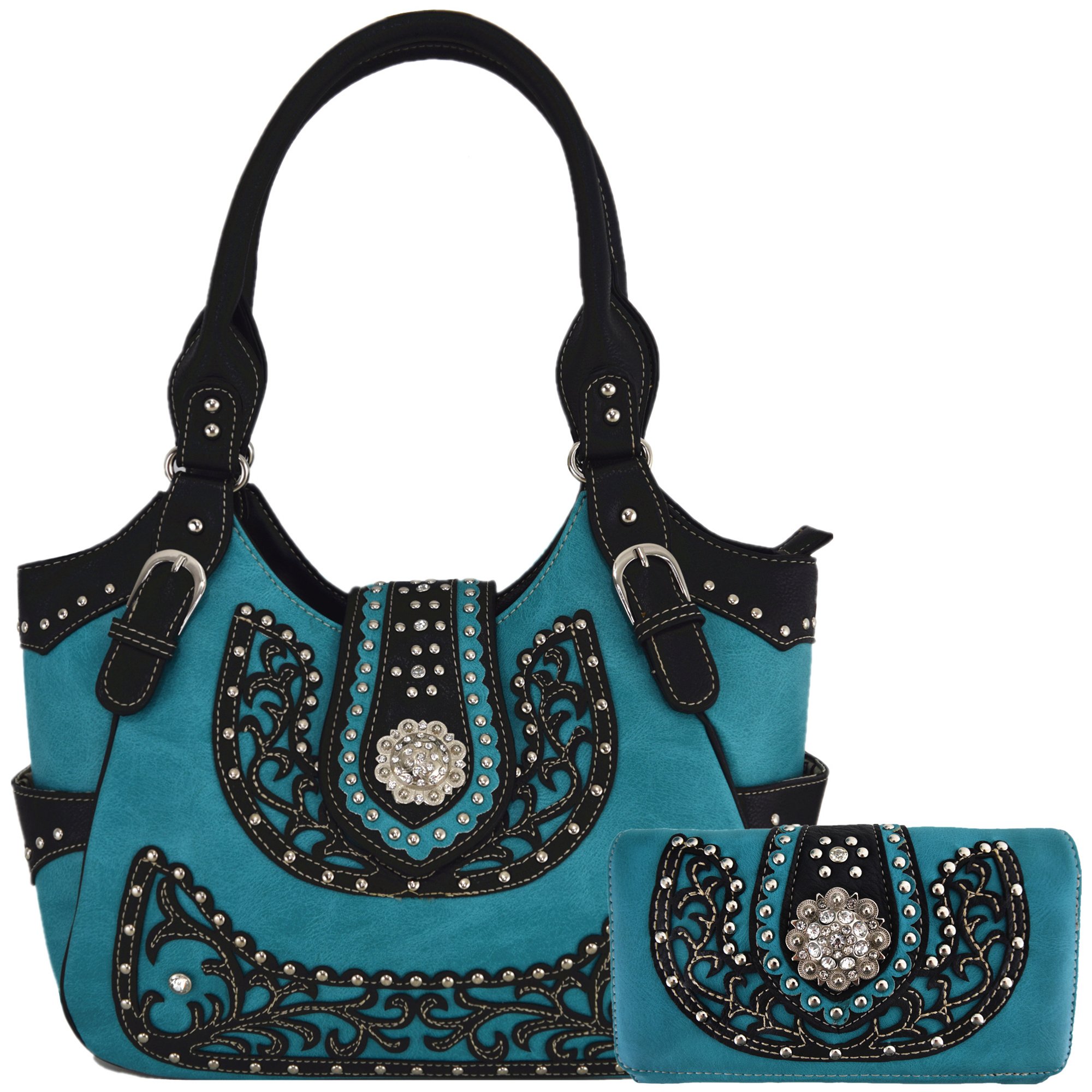 Western Style Concealed Carry Purse Concho Belt Cowgirl Country Handbag Women Shoulder Bag Wallet Set TQ