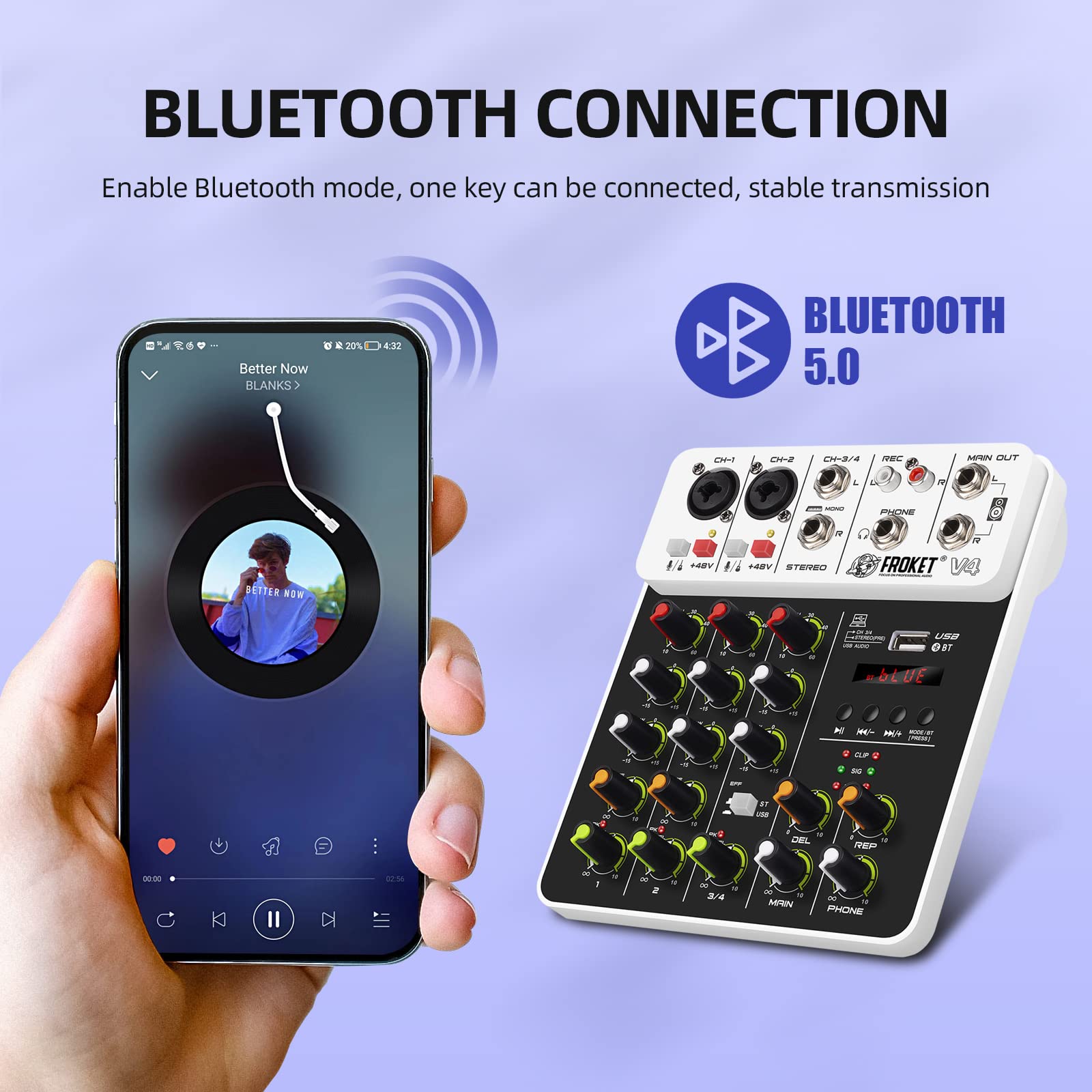 Forket V4 High-Fidelity Audio Mixer and USB Audio Interface - Portable DJ Console and Audio Console for Recording, Streaming, and Live Performances