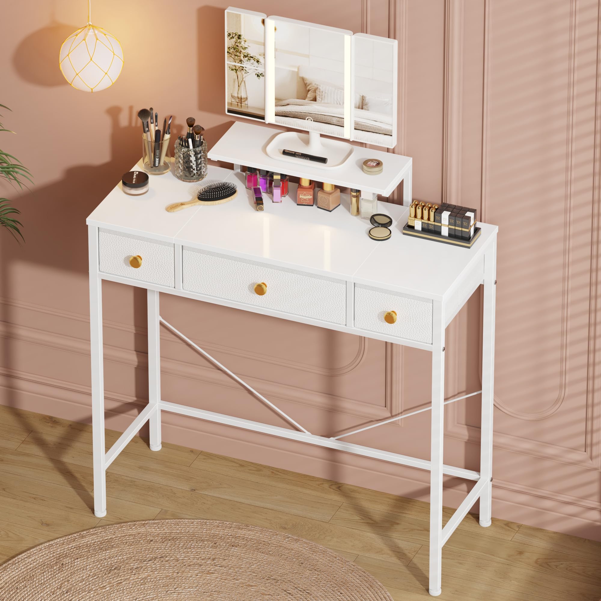 HIGDBFE Small Makeup Vanity Desk 27''W with 3 Fabric Drawers and Lighted Mirror, Vanity Table with Height-Adjustable Stand, Dressing Vanity Desk for Bedroom and Small Spaces, 27'', White