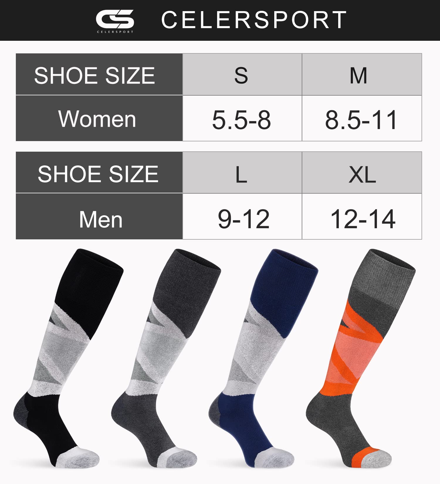 CS CELERSPORT 2 Pack Merino Wool Men's Ski Socks with Full Cushion, Winter Warm Thermal Socks for Skiing Snowboarding, Light Grey+Orange, Large