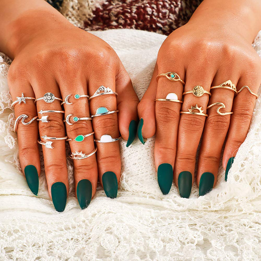 CSIYANJRY99 19Pcs Boho Retro Stackable Rings Sets for Women,Peak Sea Wave Compass Turquoise Knuckle Finger Rings