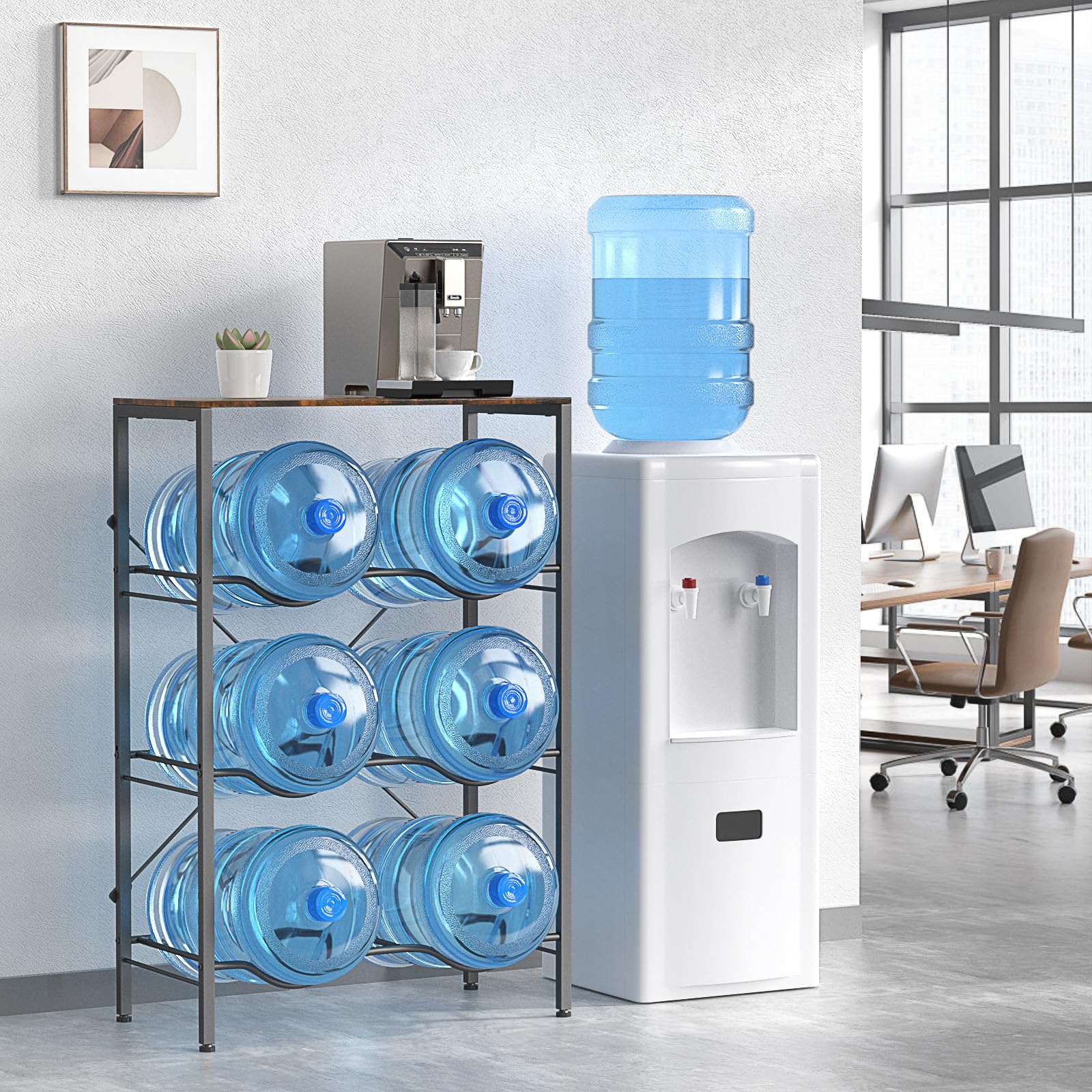 Housolution 3 Tier 5 Gallon Water Jug Holder 6-Tray Water Jug Rack with Top Shelf and 4 Wheels Heavy Duty Movable Water Jug Stand,5 Gallon Water Bottle Holder for Kitchen Office Living Room,Brown