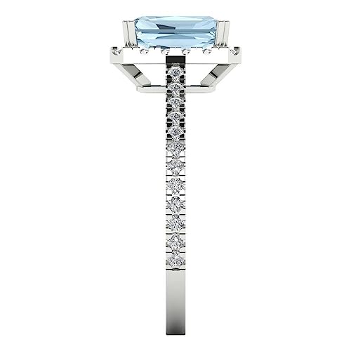Clara Pucci 1.98 ct Emerald Cut Solitaire Halo Genuine Natural Aquamarine Engagement Promise Anniversary Bridal Ring 18K White Gold 3.5