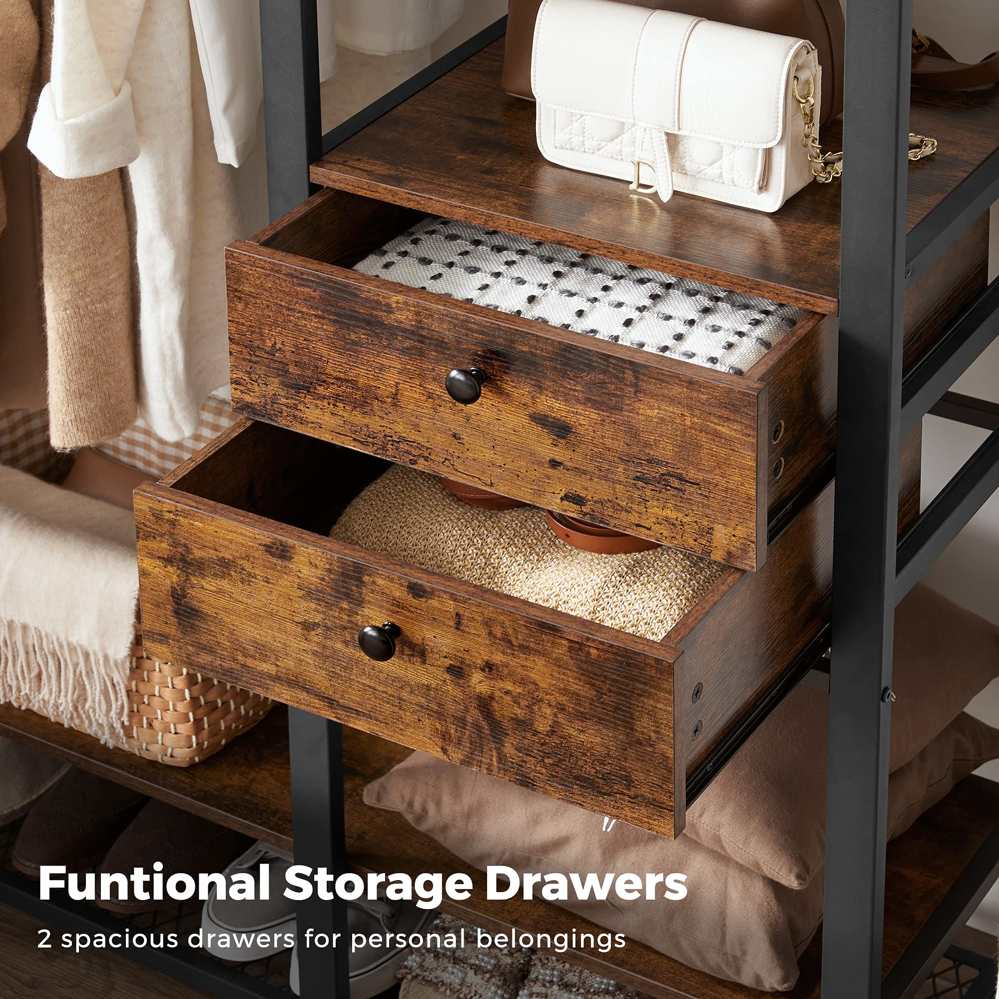 VASAGLE Free Standing Closet Organizer, Clothes Rack, Closet Organizer and Storage Shelves, Hanging Rod, 2 Drawers, Industrial Style, Rustic Brown and Black URGR001B01
