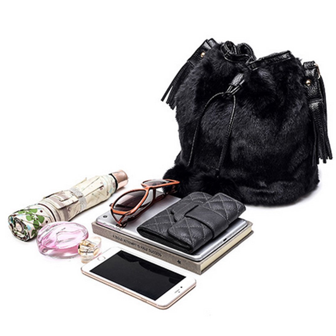 Van Caro Women’s Faux Fur Drawstring Bucket Bag Shoulder Crossbody Bag, Black