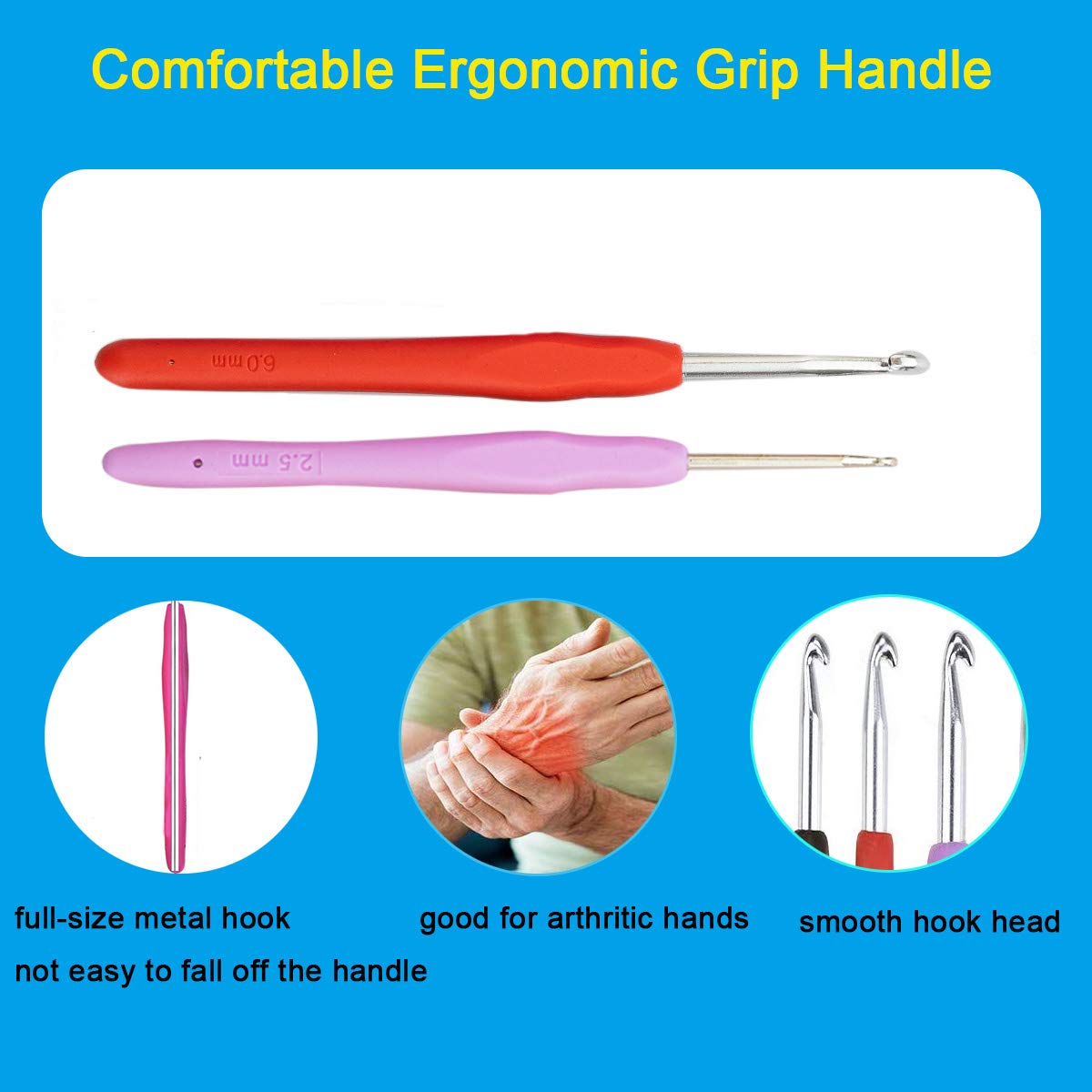 Ctcwsh Full Size Crochet Hooks Kit with Case,56-Piece Ergonomic Crochet Hook Set Size 0.5mm-8mm,Knitting Needles with Storage Bag and Accessories for Arthritic Hands,Beginners