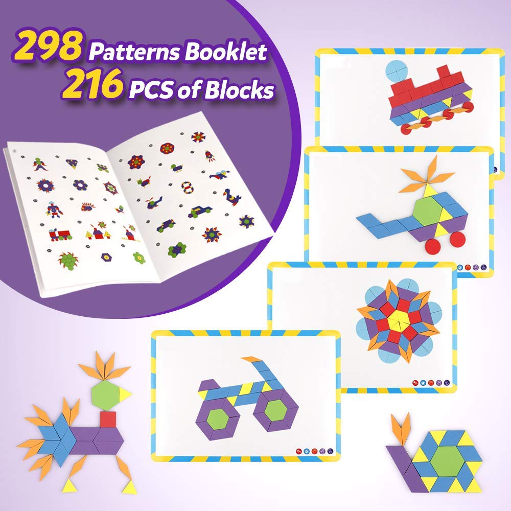Vanmor 216PCS Magnetic Pattern Blocks Set Complete with 298 Pattern Book & Magnet Board, Magnetic Shapes for Kids, Educational Montessori Tangram Toy for Children Aged 3-8