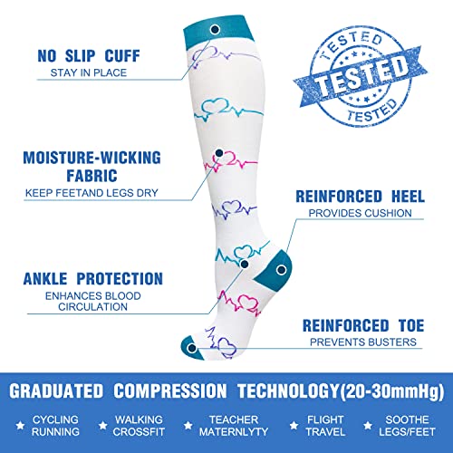 CTHH 7 Pairs Compression Socks for Women & Men Circulation Support Knee High Socks (06 Yellow/Green/Blue/Heart, Small-Medium)